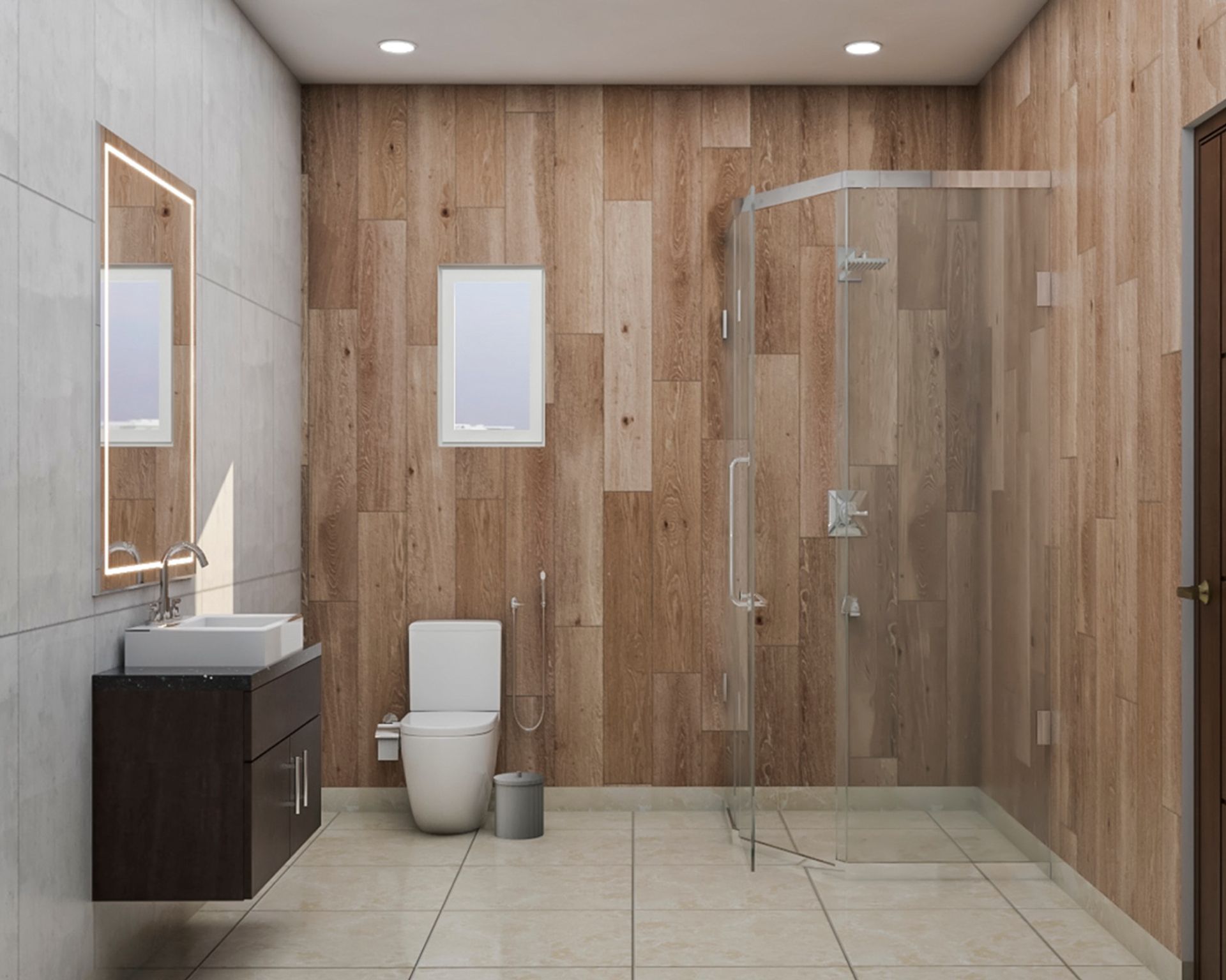 Modern Style Bathroom Design With Wooden Dado Tiles | Livspace