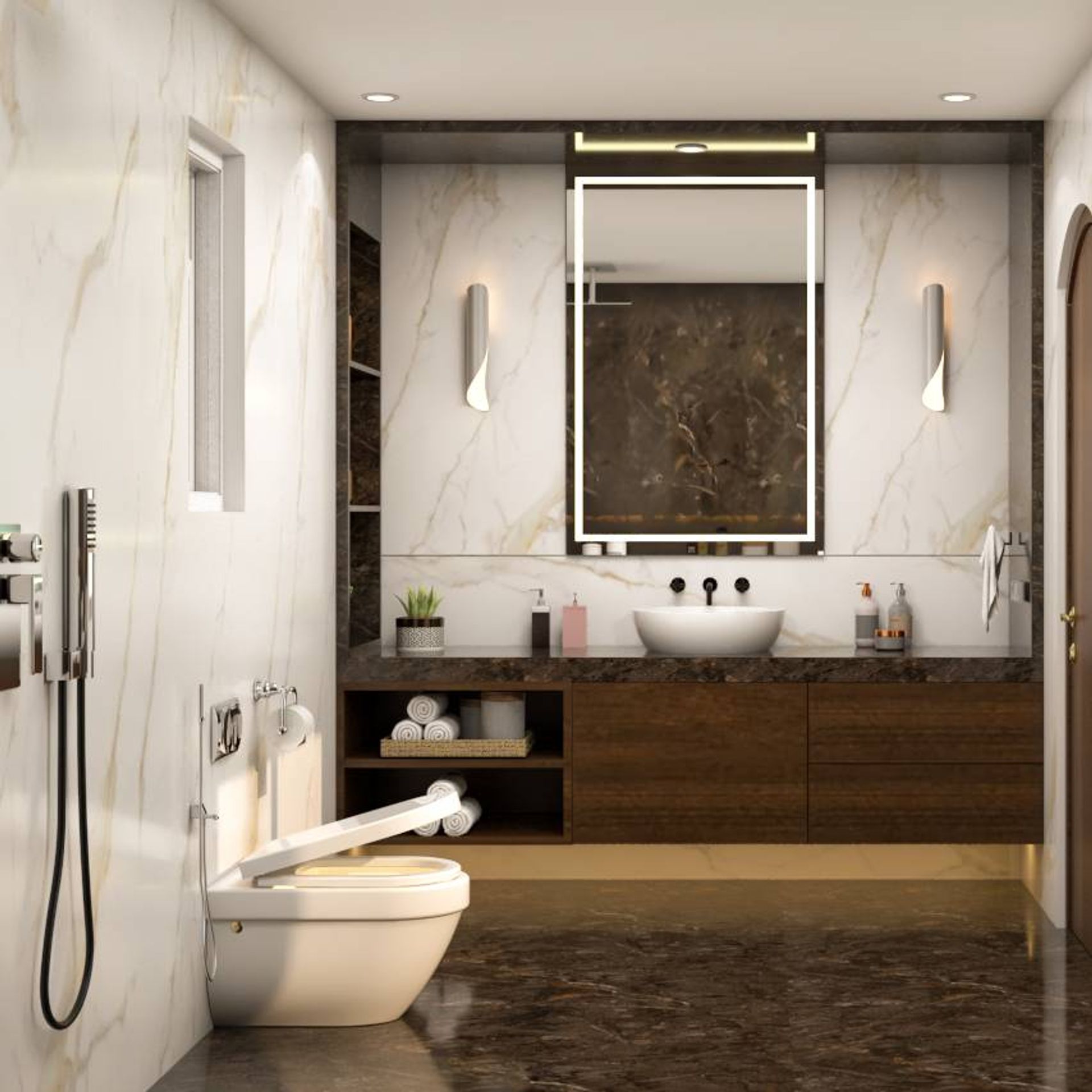 Modern Well-Lit Bathroom Design With Marble Interiors | Livspace