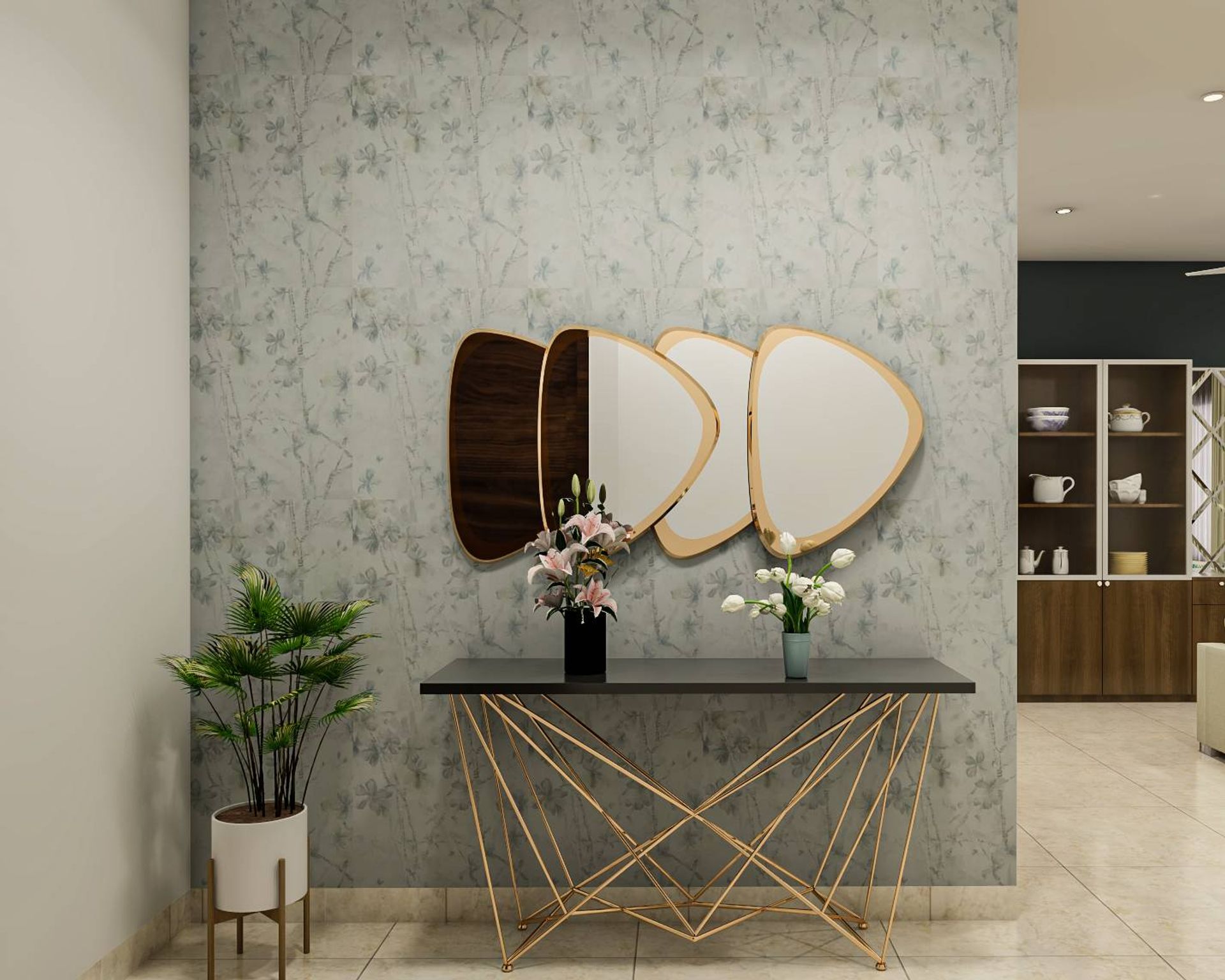 Modern Spacious Foyer Design With Unique Mirror Design | Livspace