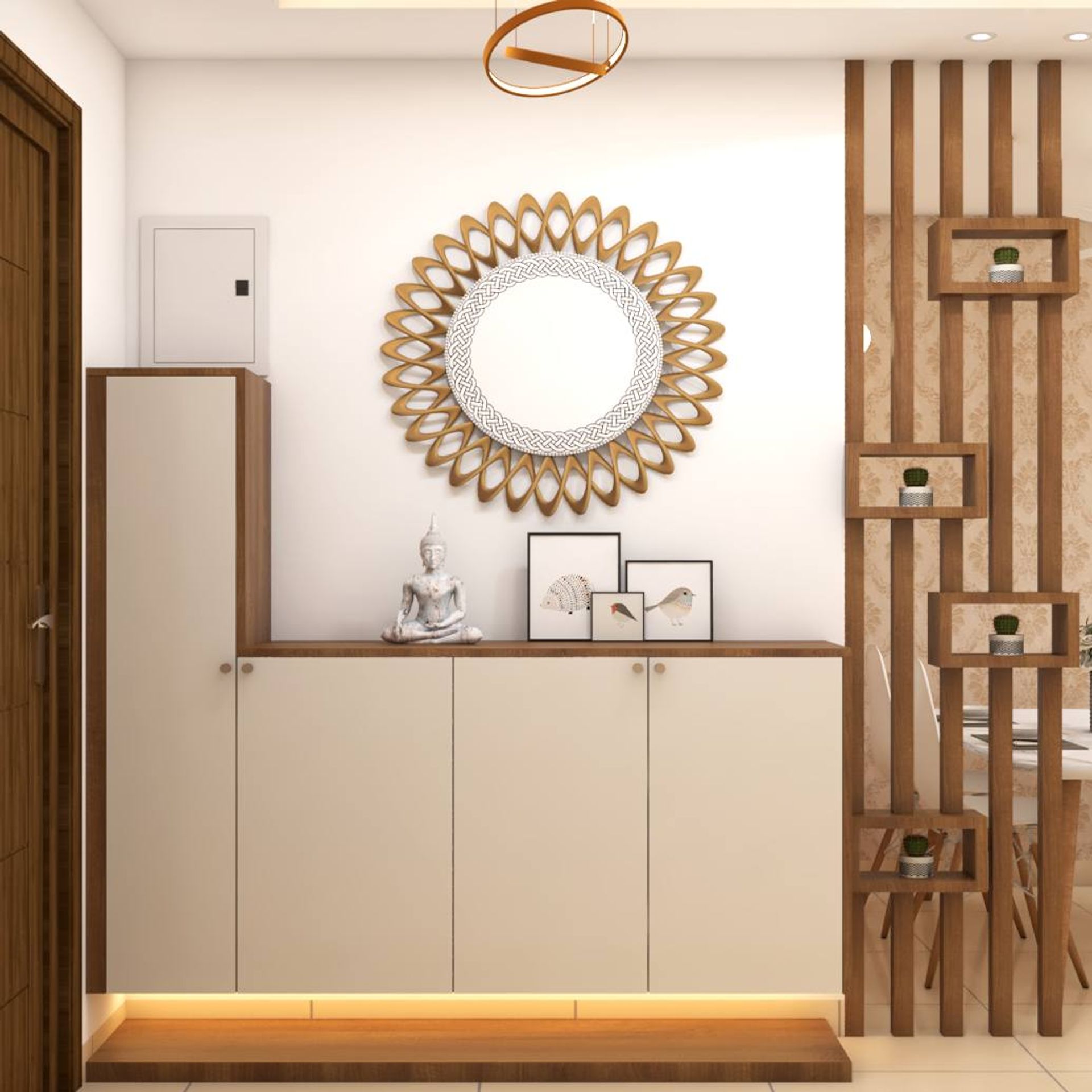 Spacious Foyer Design With Round Mirror | Livspace