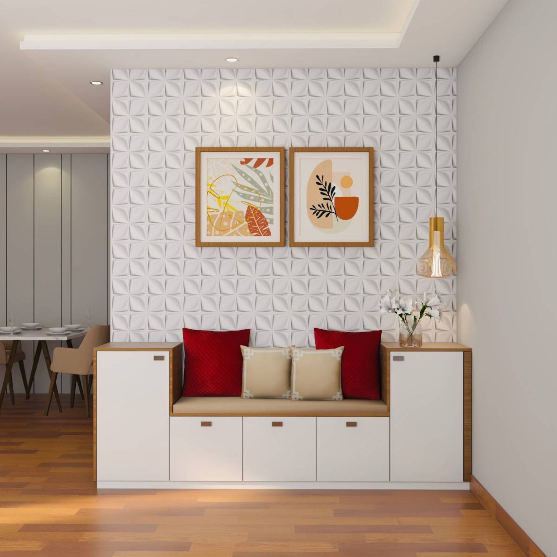 Modern Foyer Design with 3D Wallpaper and White Finished Cabinets ...