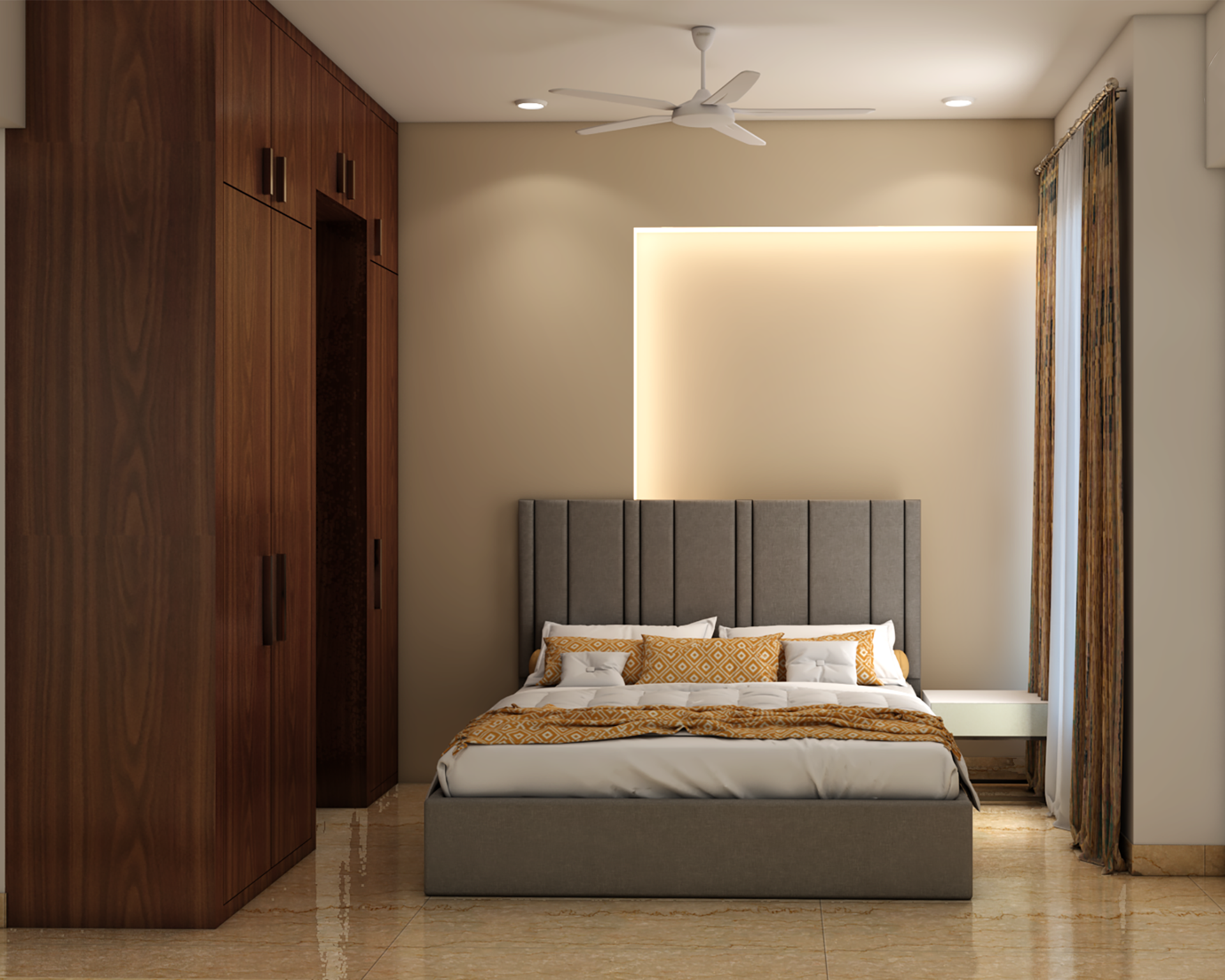 Guest Bedroom with Wooden Wardrobe and LED Lighting | Livspace
