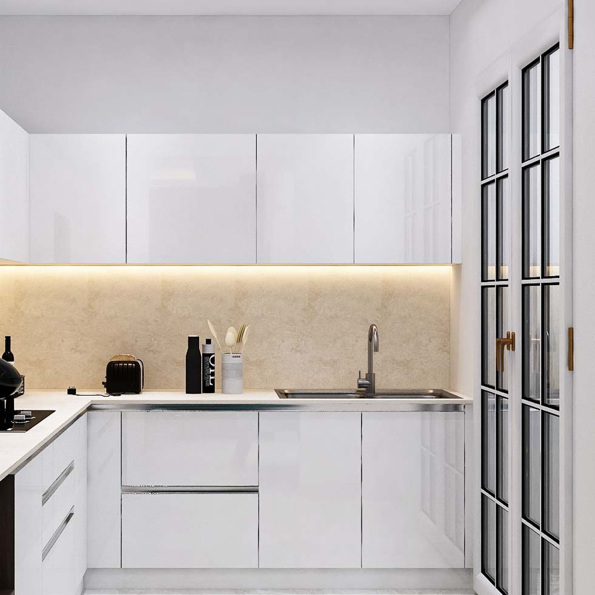 Modern L-Shaped Kitchen Design With Ultra-White Cabinets | Livspace