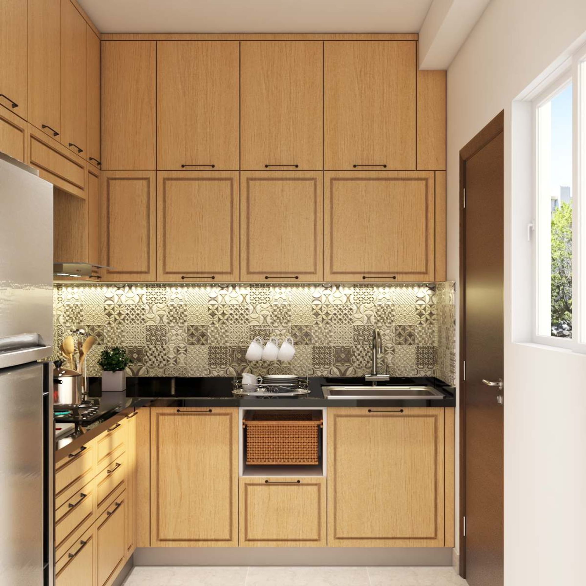 Modern Kitchen Design with Modular Wooden Cabinets and Geometric Dado ...