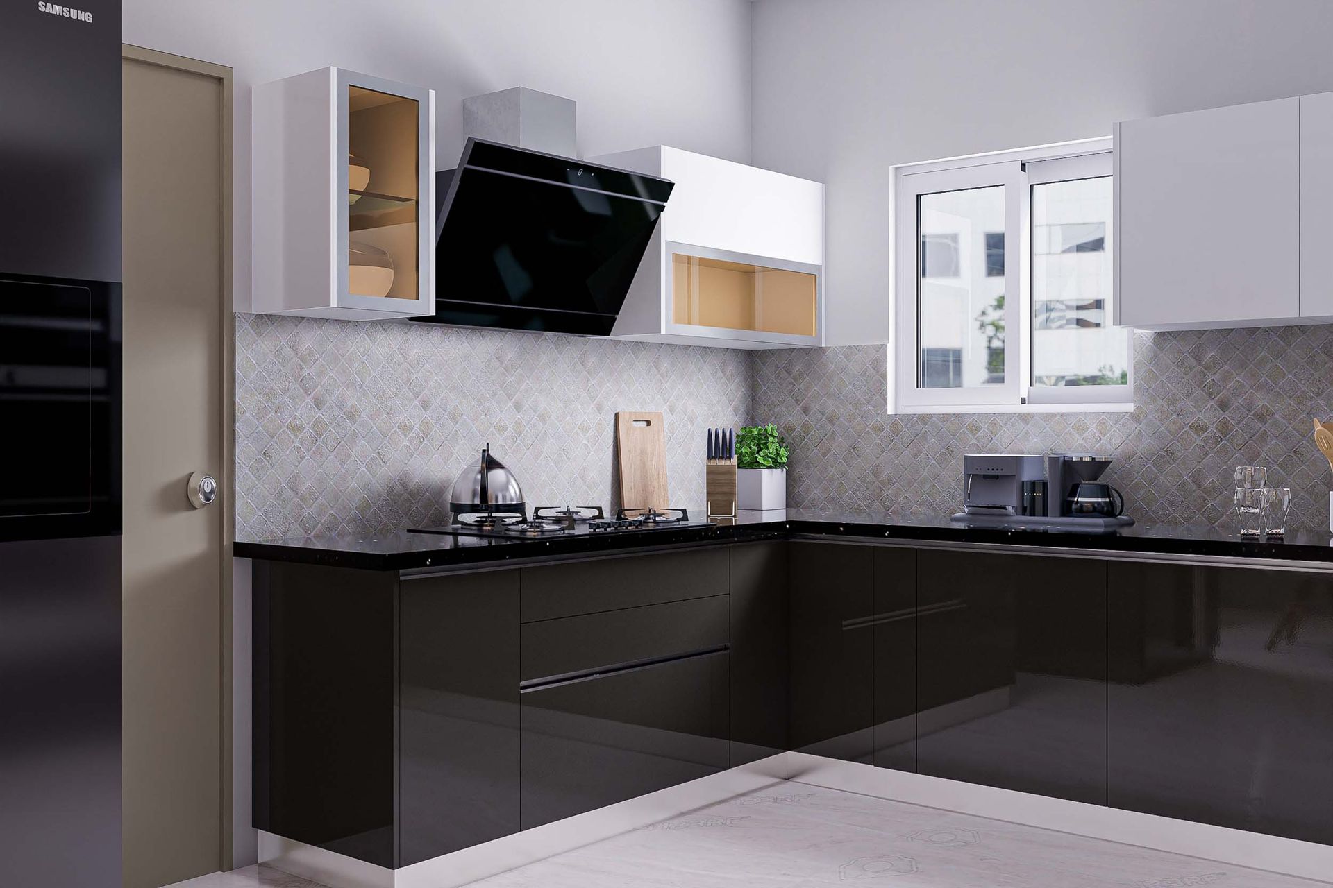 U-Shaped Modern Kitchen Design With Black Faucets | Livspace