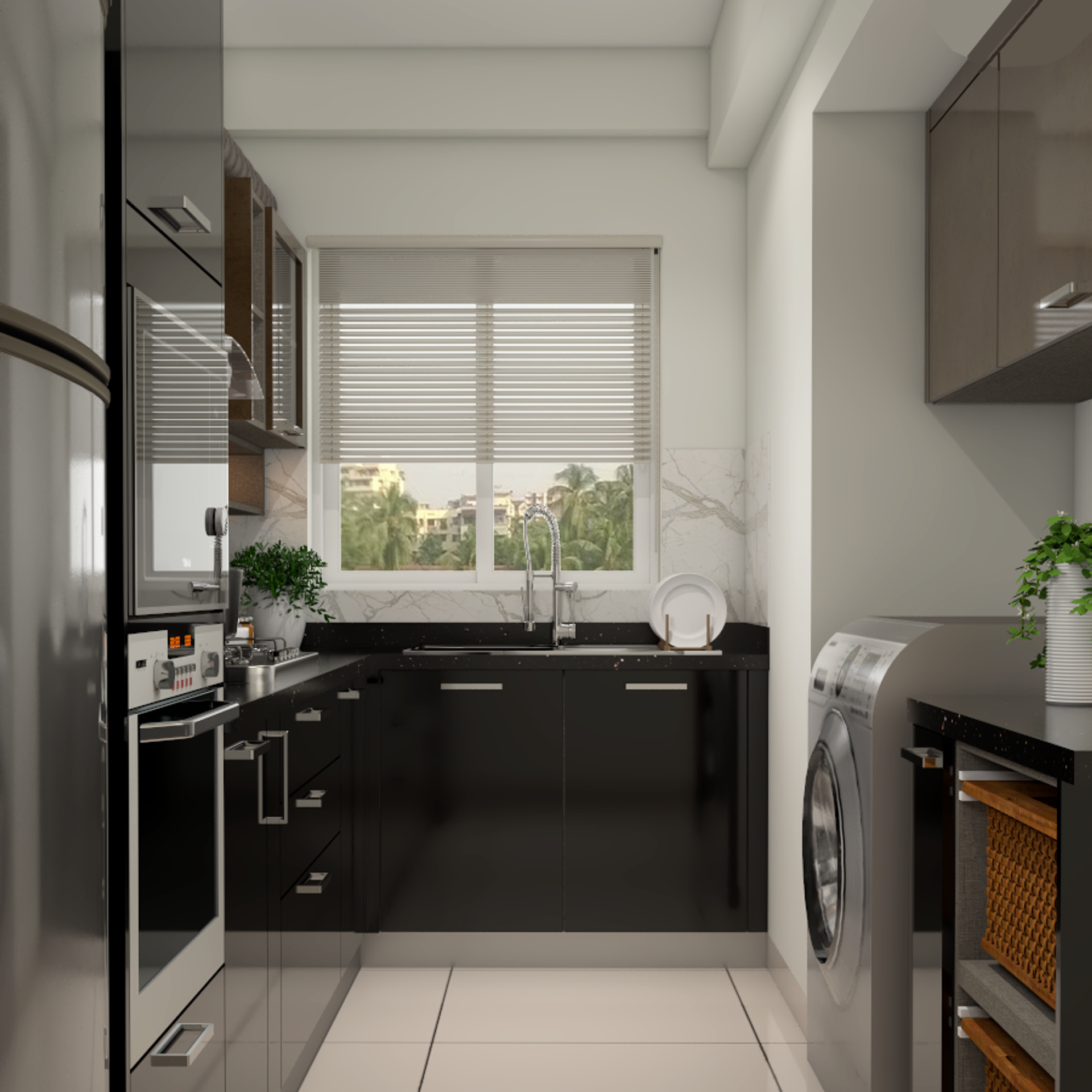 Glossy Black And Brown Modern Compact Kitchen Design Idea | Livspace