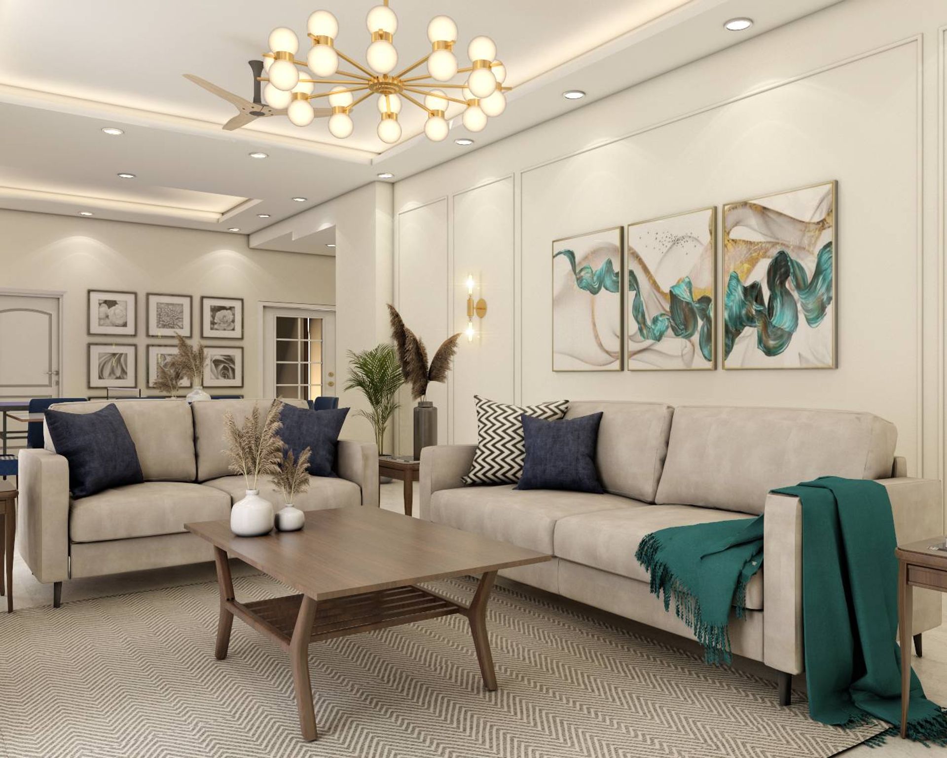 Contemporary Living Room Design With Central Lighting | Livspace