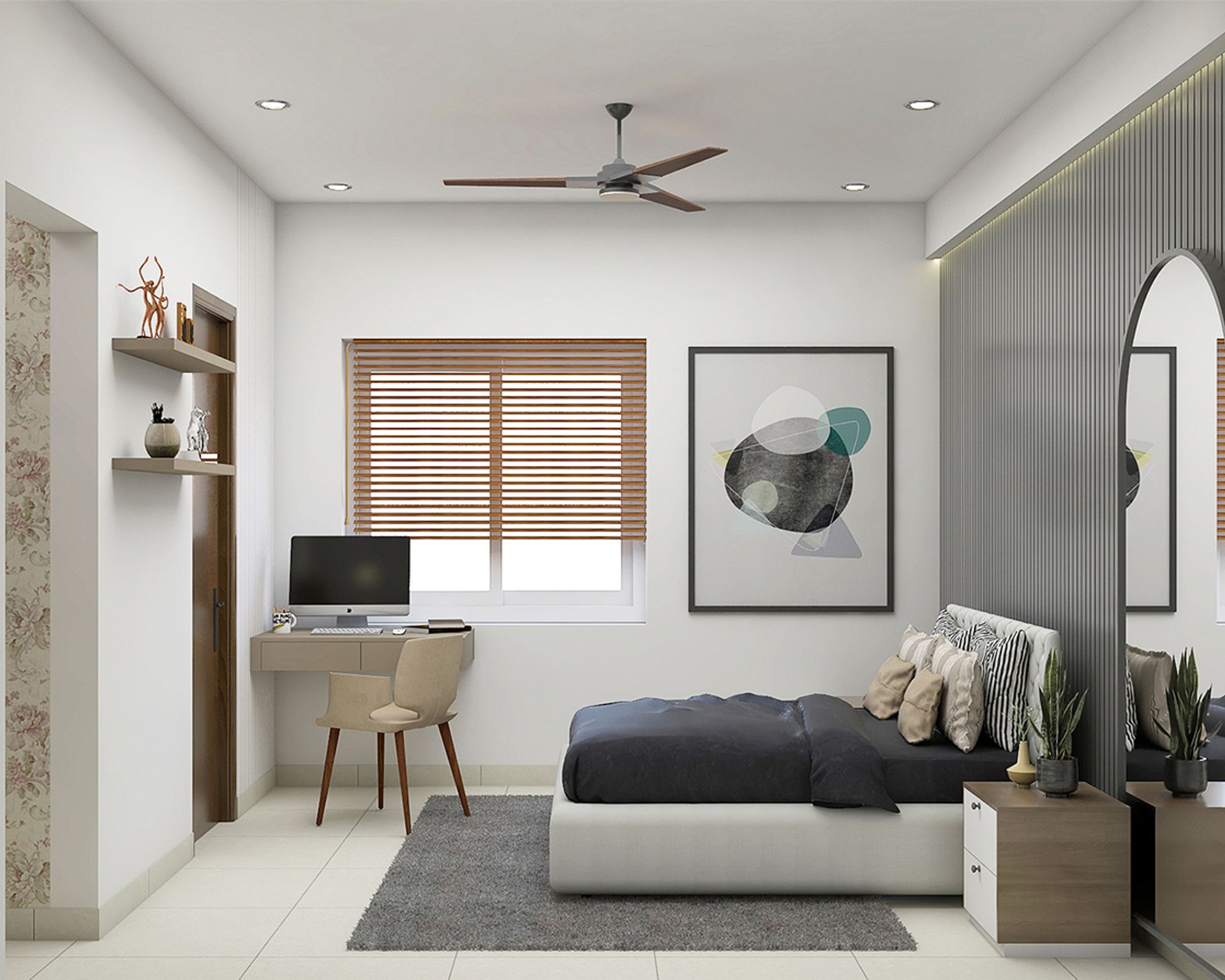 Master Bedroom Design With Dark Grey Accent Wall And Compact Study ...