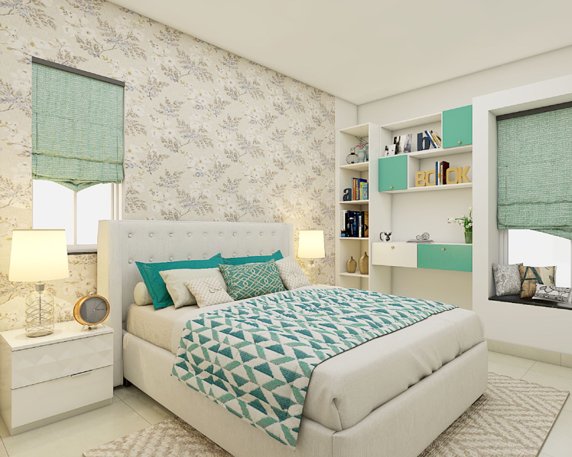 Neutral-Themed Master Bedroom Design With Floral Wallpaper And Green ...