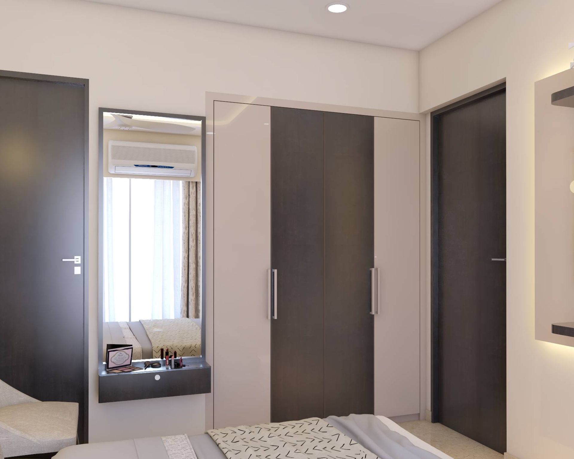 Master Bedroom Design With Abstract Wallpaper And Dressing Unit | Livspace