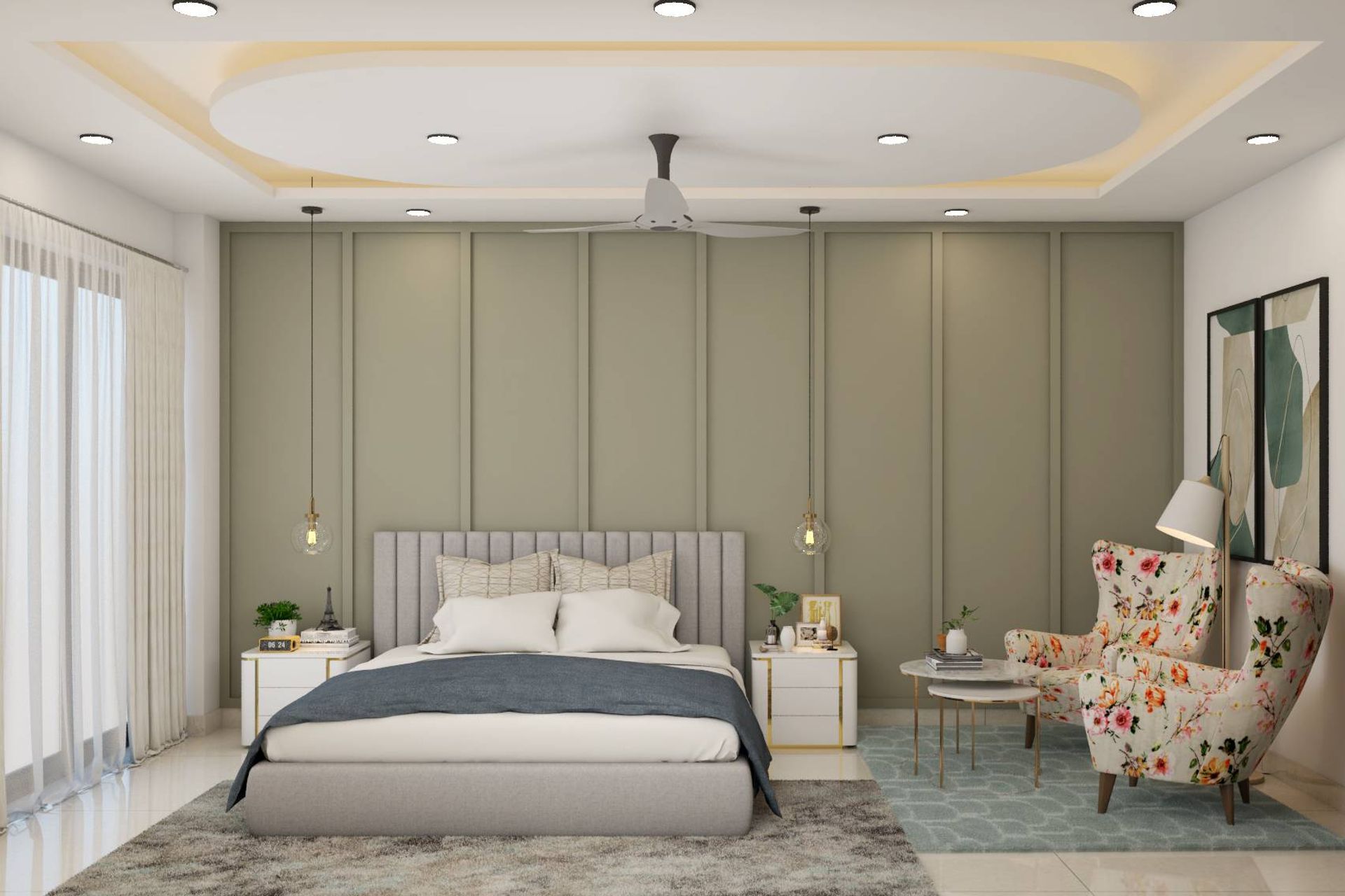 Spacious Master Bedroom Design With Floral Wallpaper | Livspace