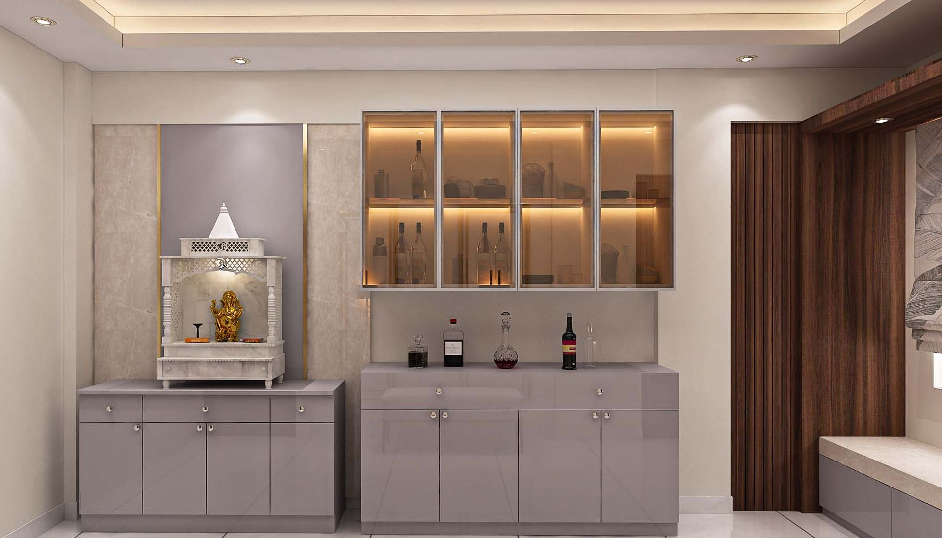 Compact Mandir Design With Grey Cabinets And Ambient Lights | Livspace
