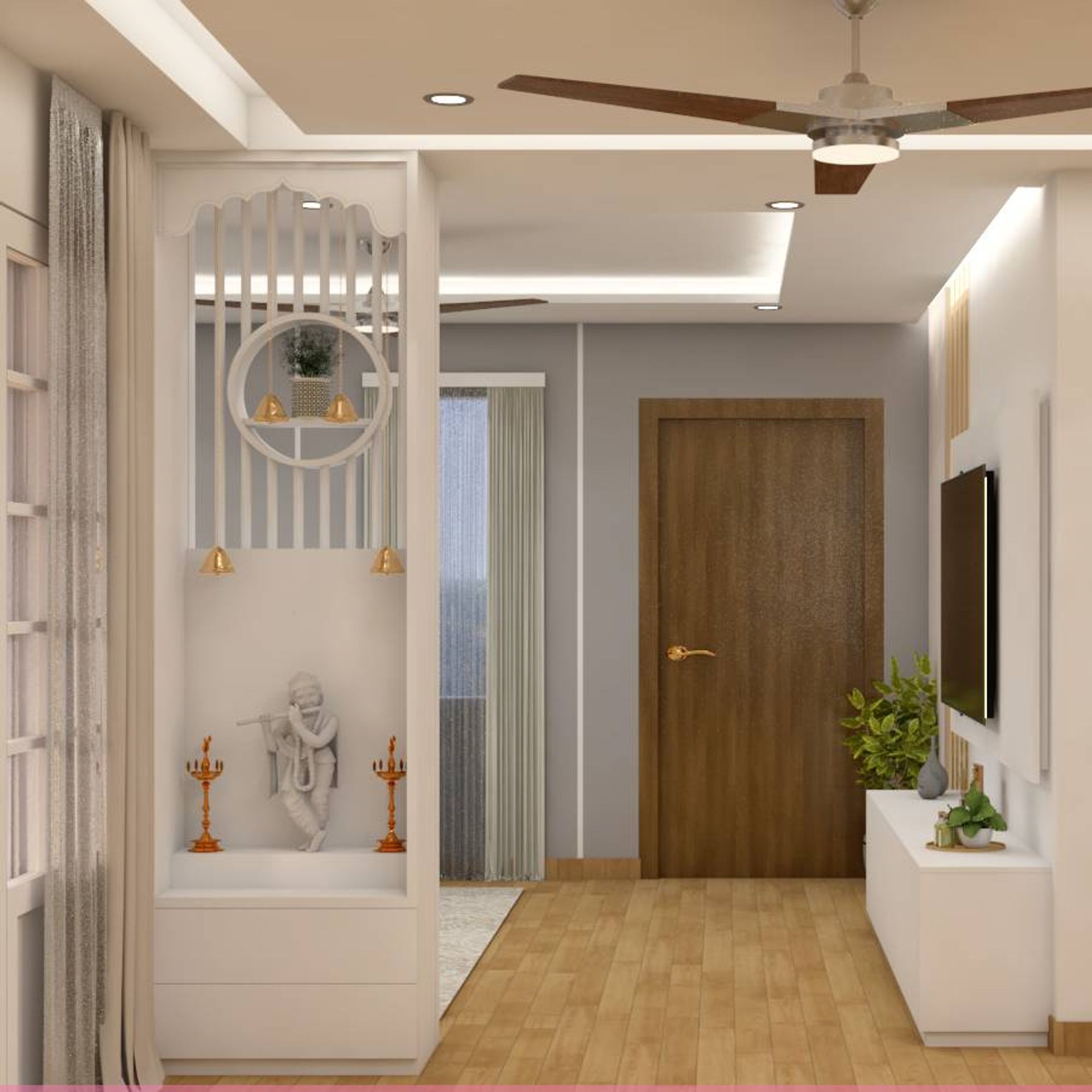 Compact Foyer Design With Golden Bells | Livspace