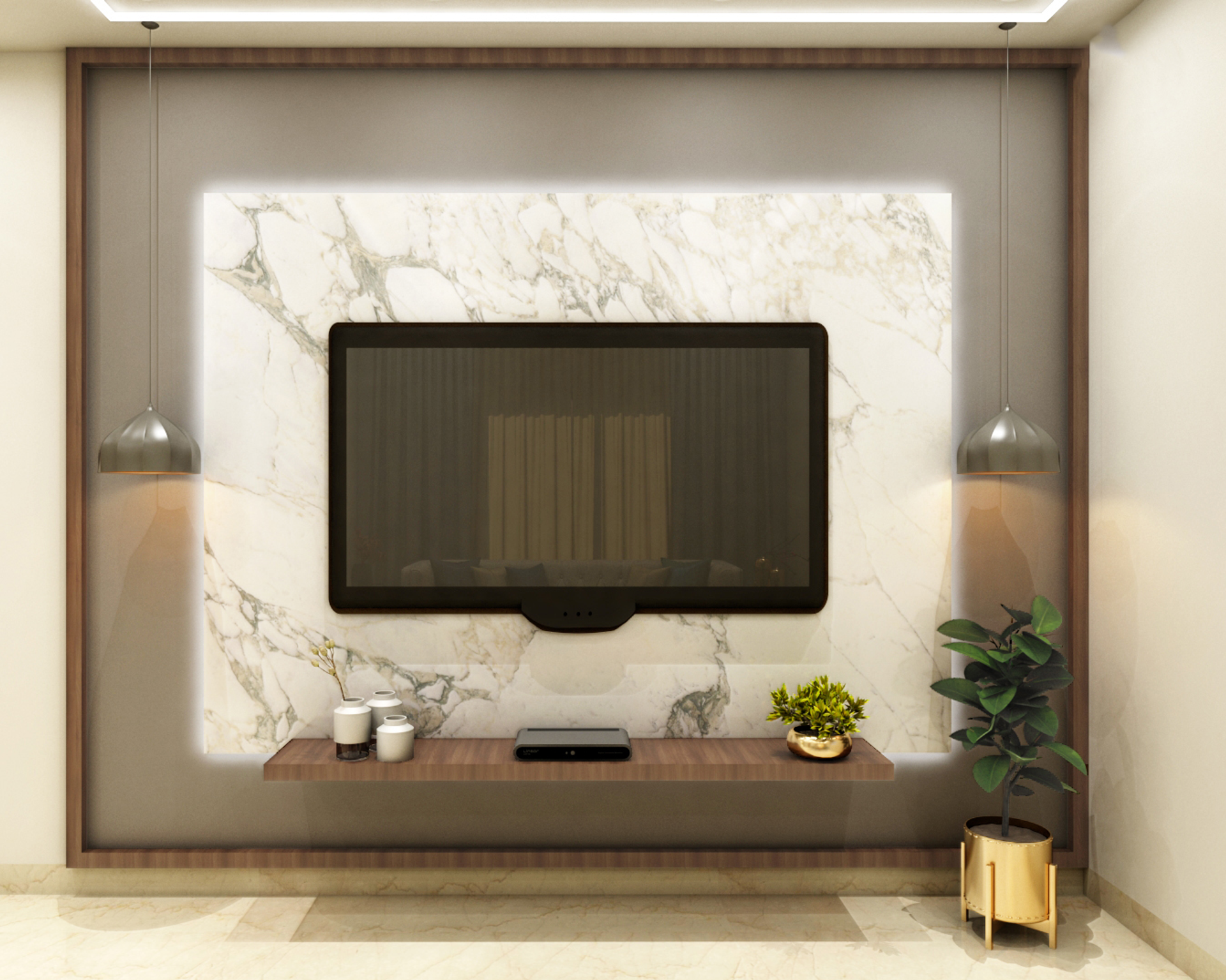 Grey Spacious TV Unit Design With Marble | Livspace