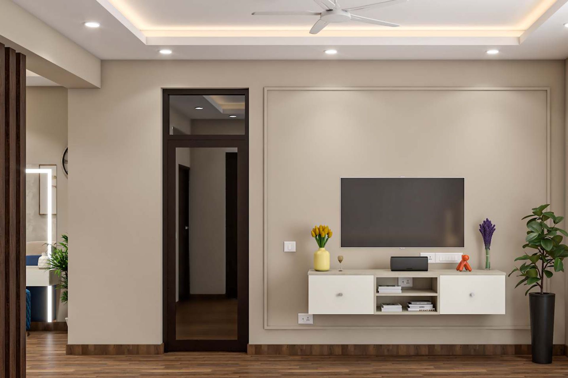 Contemporary TV Unit Design with Bordered Wall Trims and Wall-Mounted ...