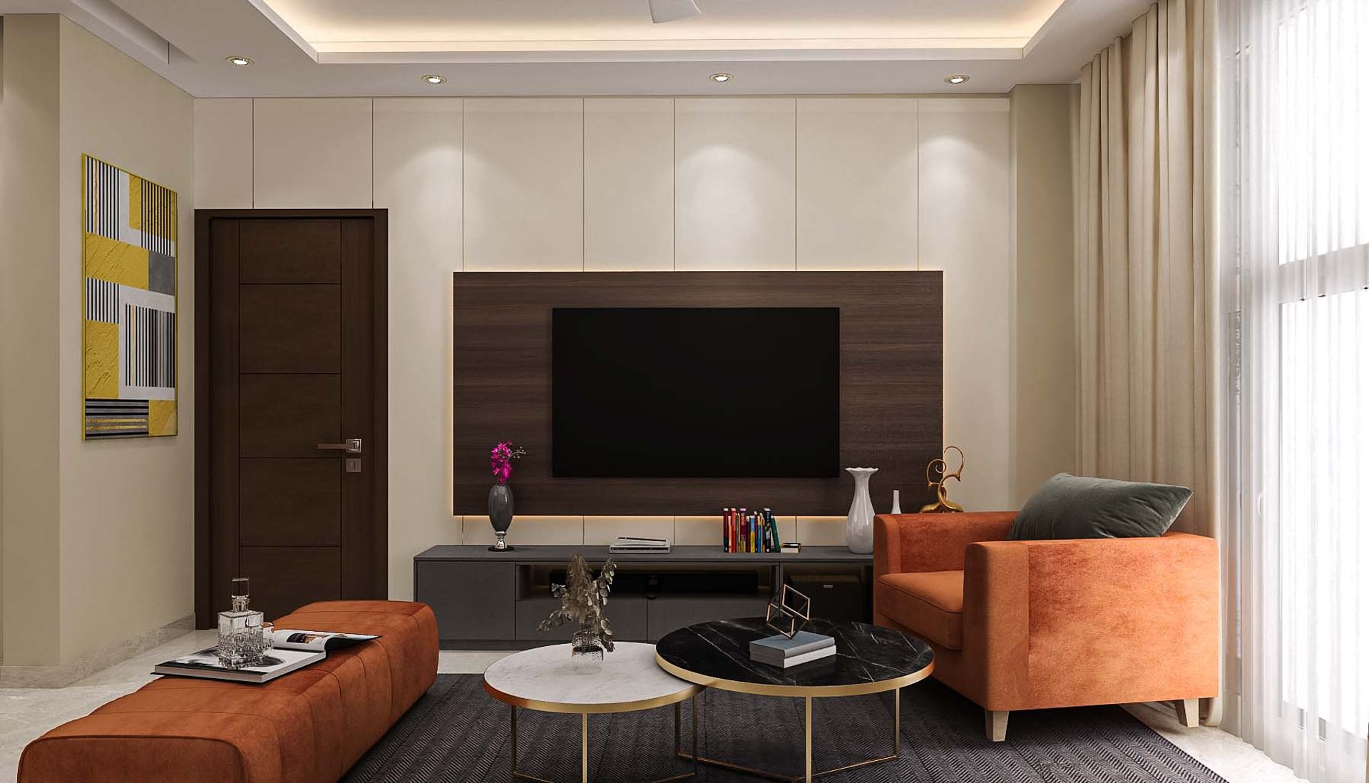 Rustic TV Unit Design With Walnut Bronze TV Back Panel | Livspace