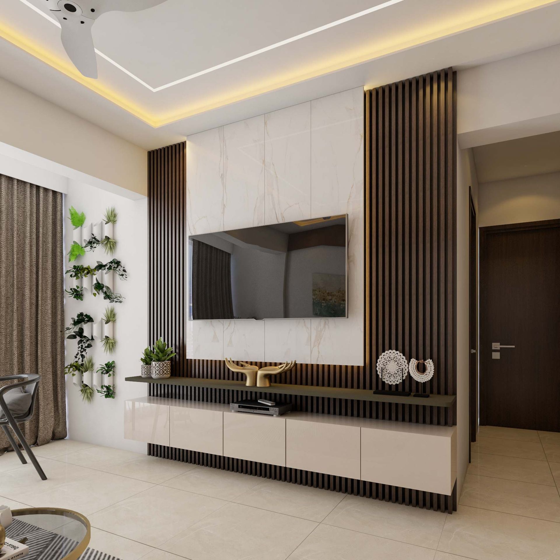 Modern TV Unit Design with White Marble Panel and Slim Floating Ledge | Livspace