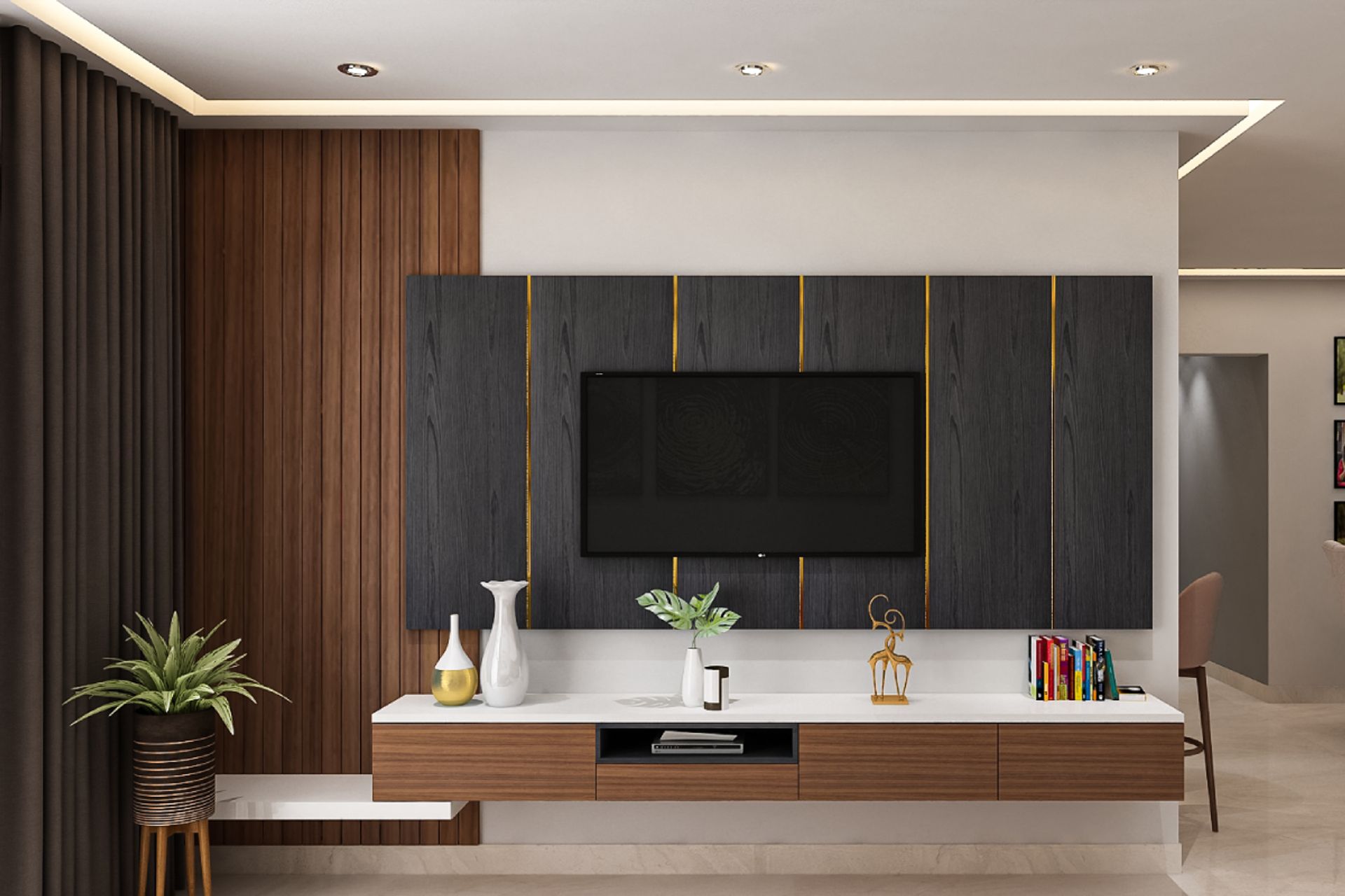 Spacious TV Unit Designed With Indoor Plants | Livspace