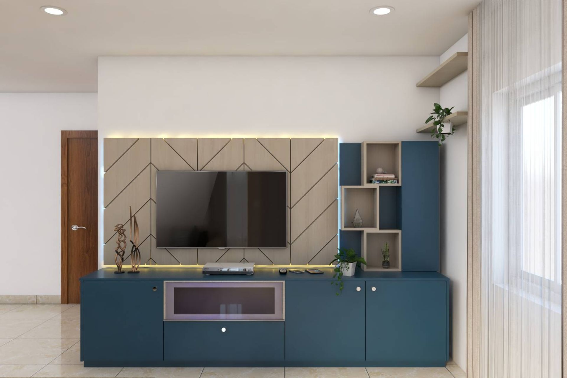 Blue Spacious TV Unit Design With Open Shelves | Livspace