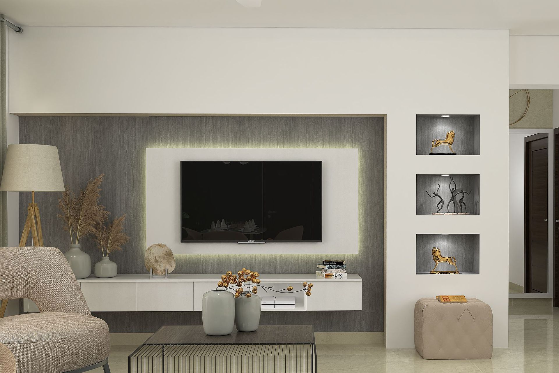 Contemporary TV Unit Design With Grey Textured Wall | Livspace