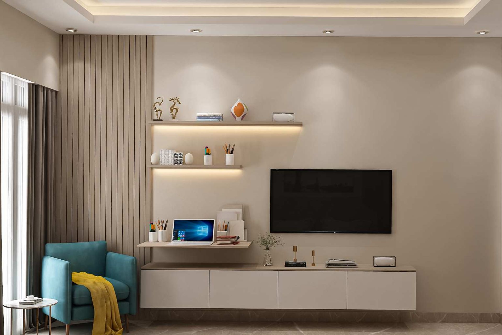 Neutral-Themed TV Unit Design With Open Shelves And LED Lighting | Livspace