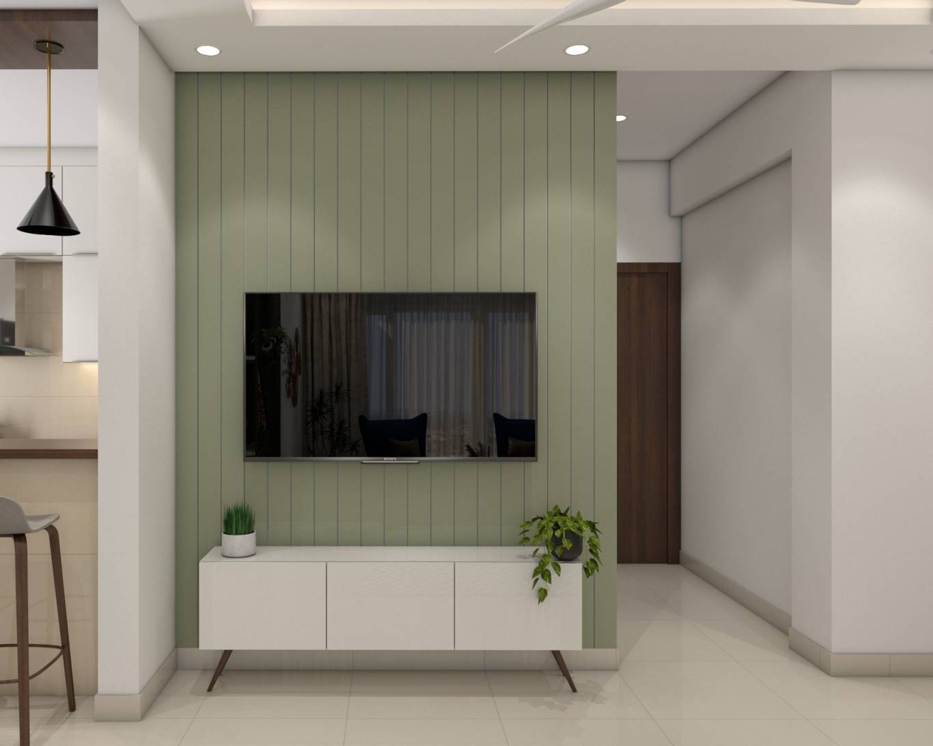 Sage Green Contemporary Compact TV Unit Design | Livspace