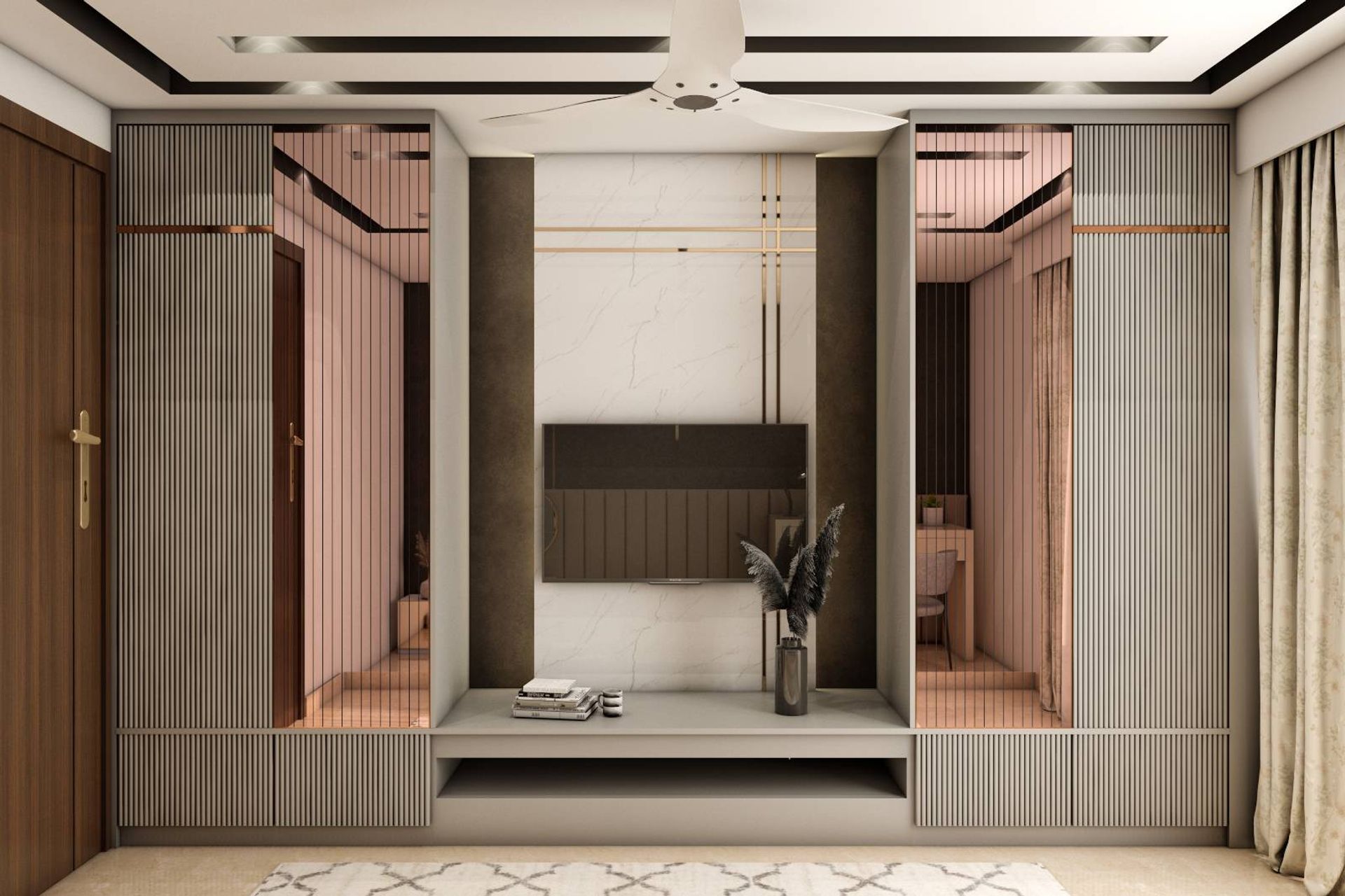 Spacious Wardrobe Design With Grey Fluted Panels And Pink Tinted Glass ...