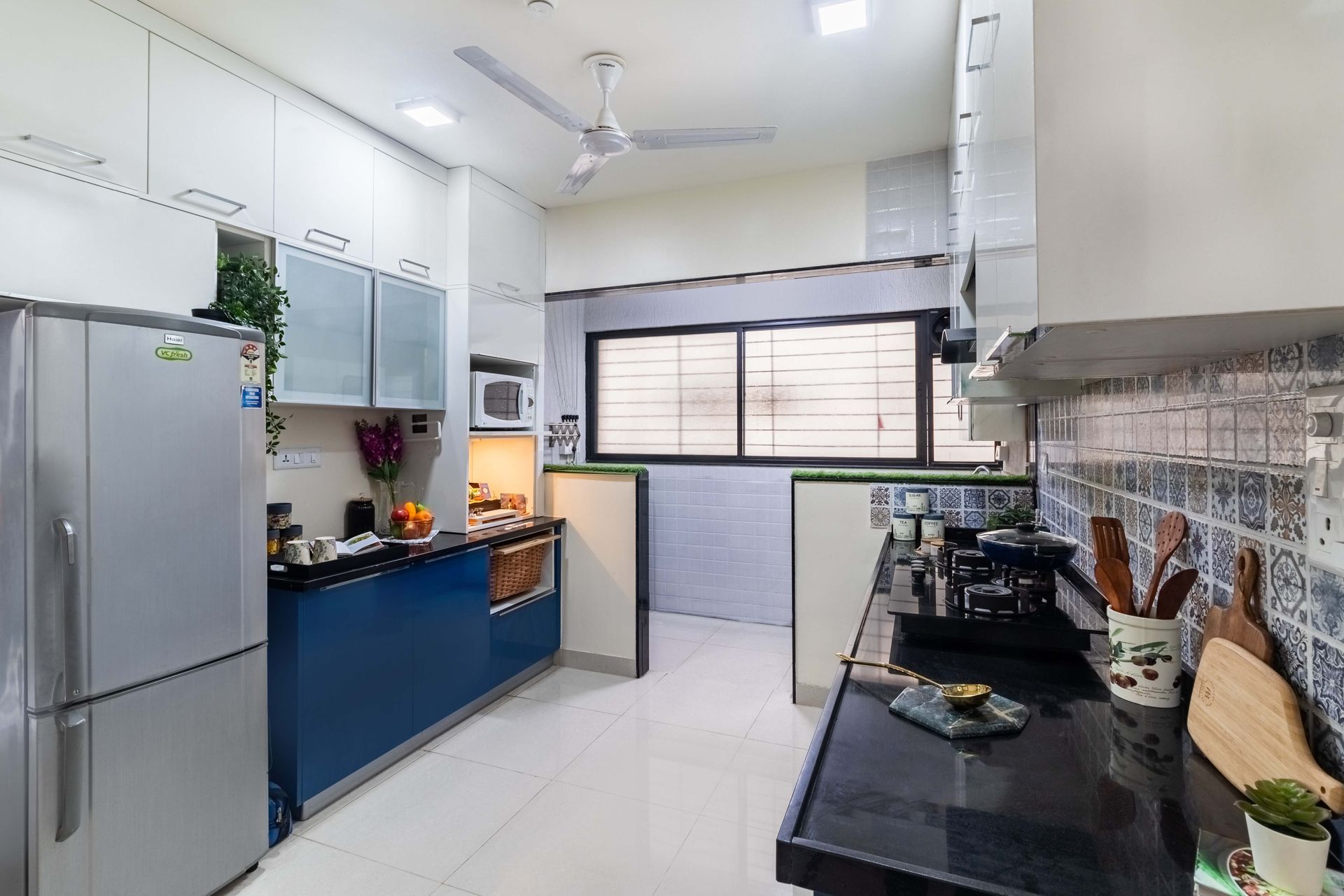 Modern Parallel Modular Kitchen Design with Wave Blue Base Unit - 12x9 ...