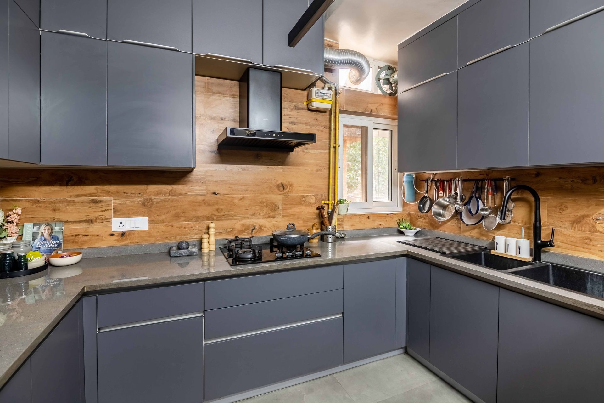 U-Shaped Modular Kitchen Design In Grey And Wood - 12x7 Ft | Livspace