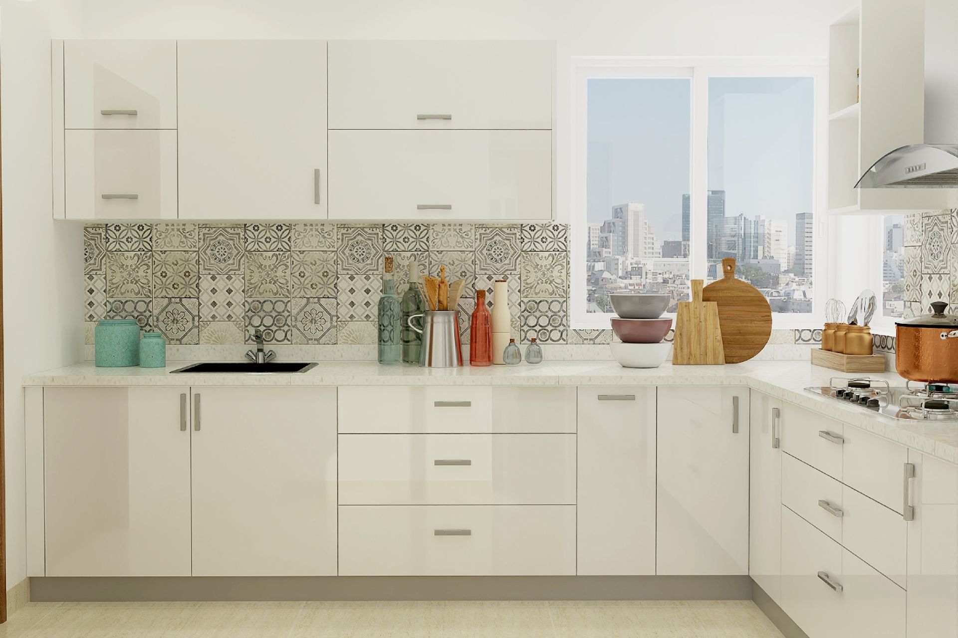 Contemporary Frosty White Kitchen Design with High Gloss Finish and Marble Countertop - 10x9 Ft ...