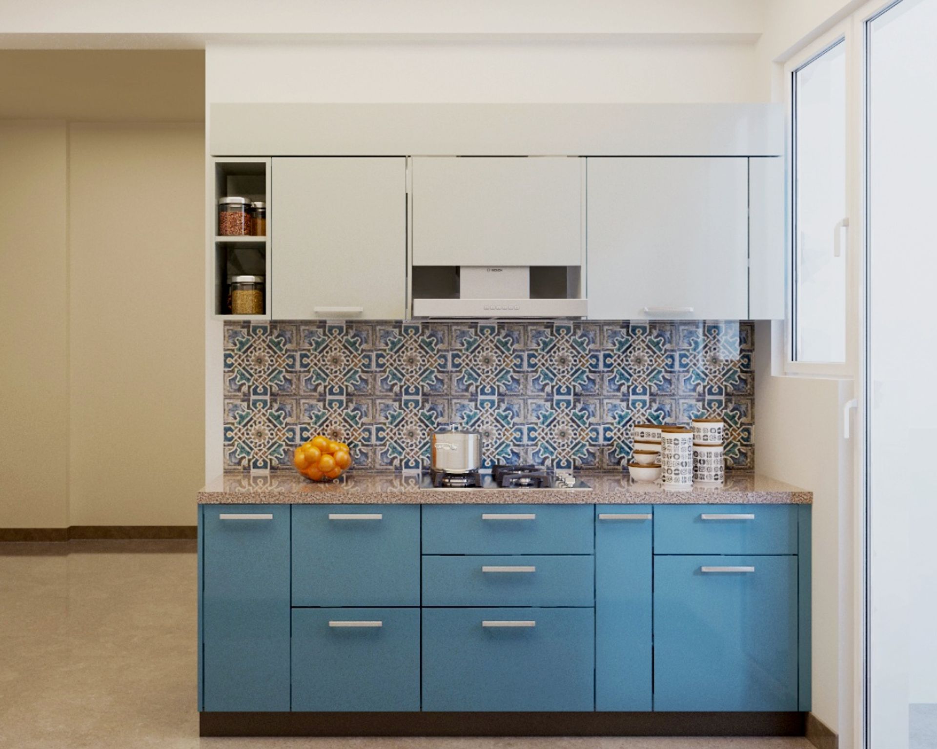 Contemporary Kitchen Design with Blue Danube and Champagne Accents ...