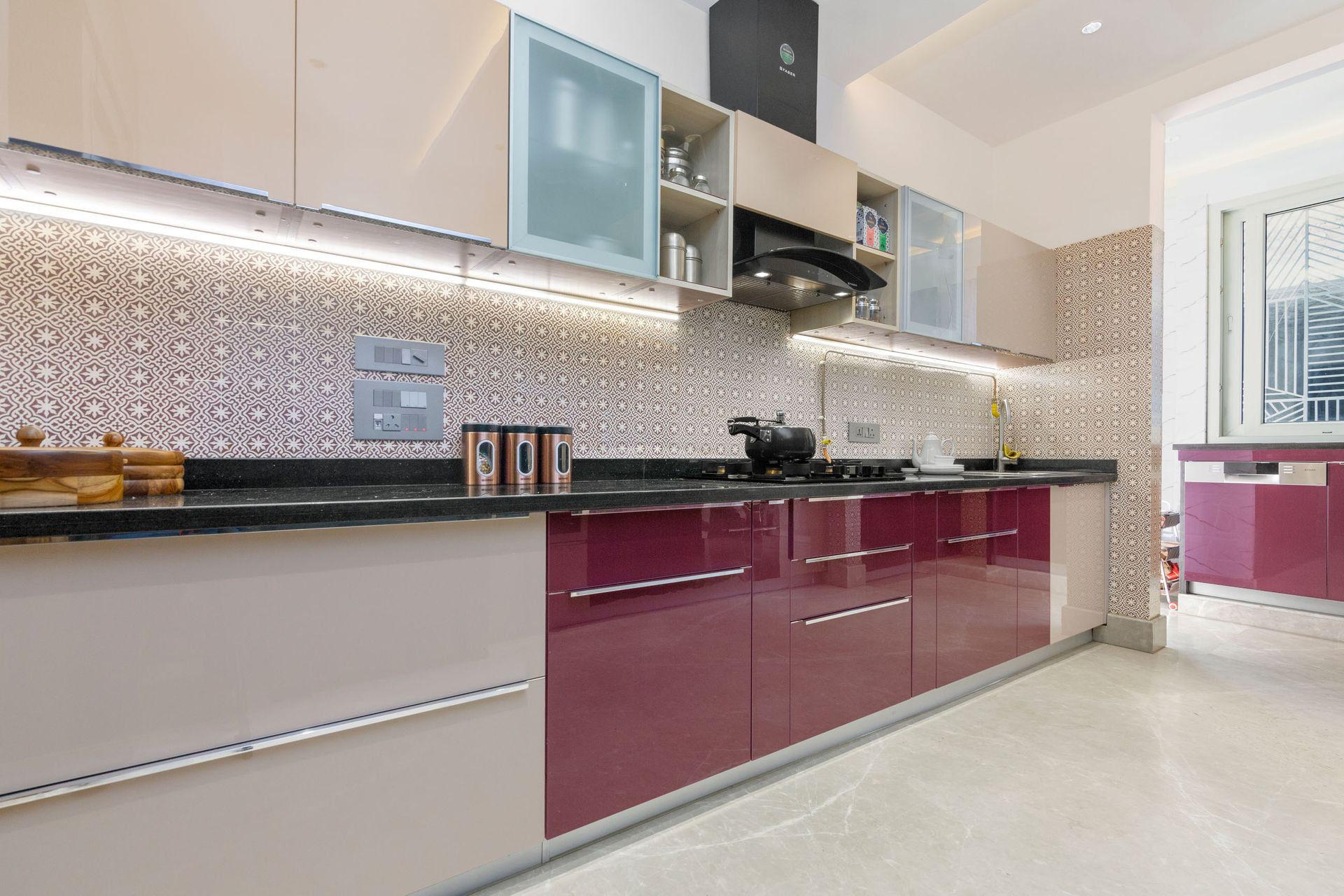 Stylish Parallel Kitchen Design with Aubergine and Light Beige Base ...