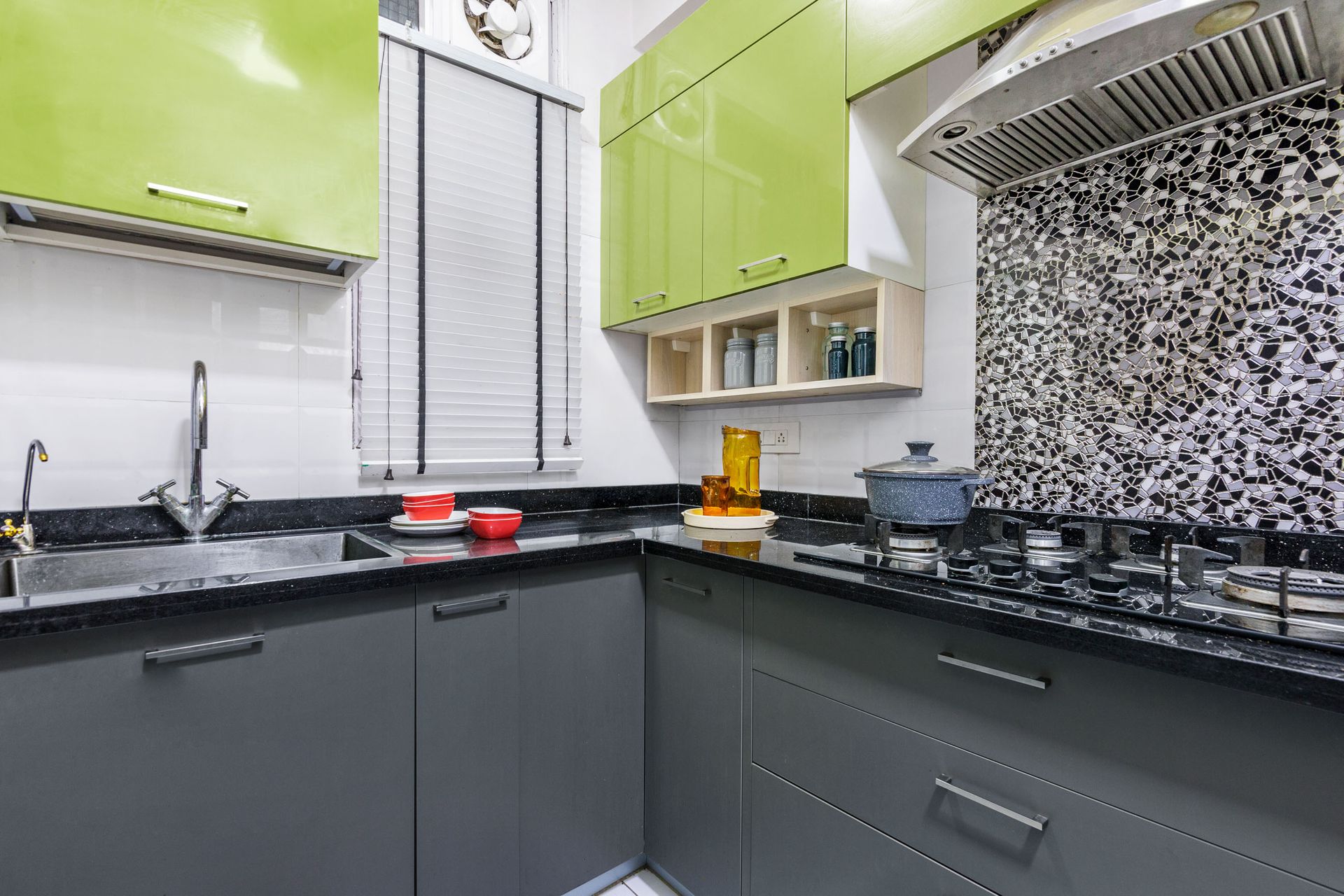 Modern L-Shape Modular Kitchen Design with Dark Grey Base and Tall ...