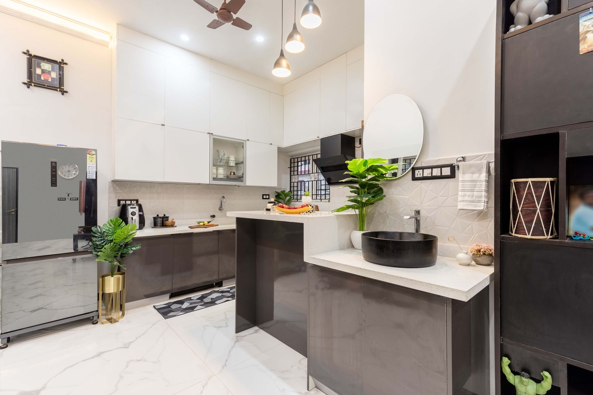 Modern L-Shape Modular Kitchen Design with Dark Grey Base and Tall ...