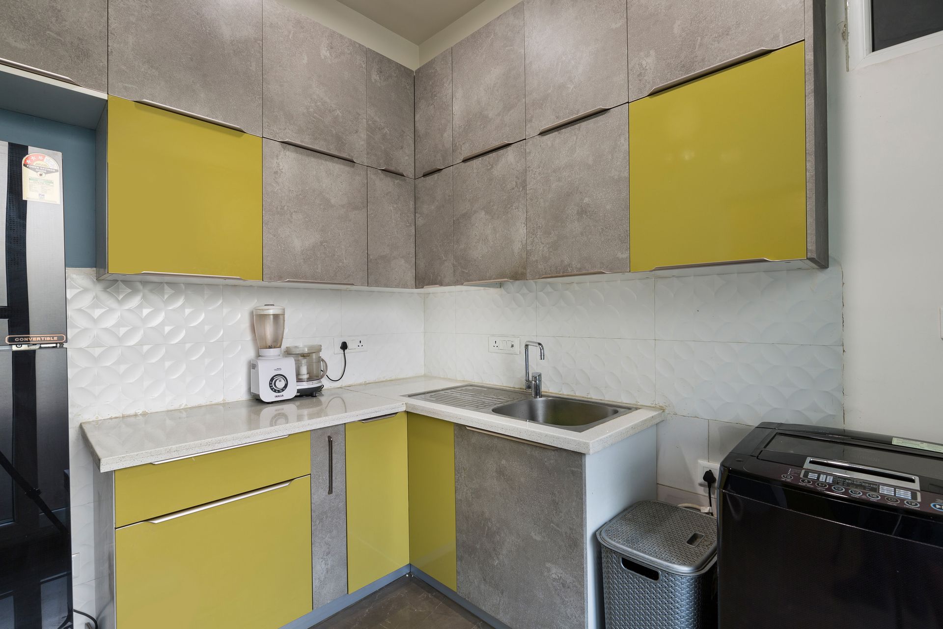 Modern L-Shape Modular Kitchen Design with Aqua Blue and Sunflower ...