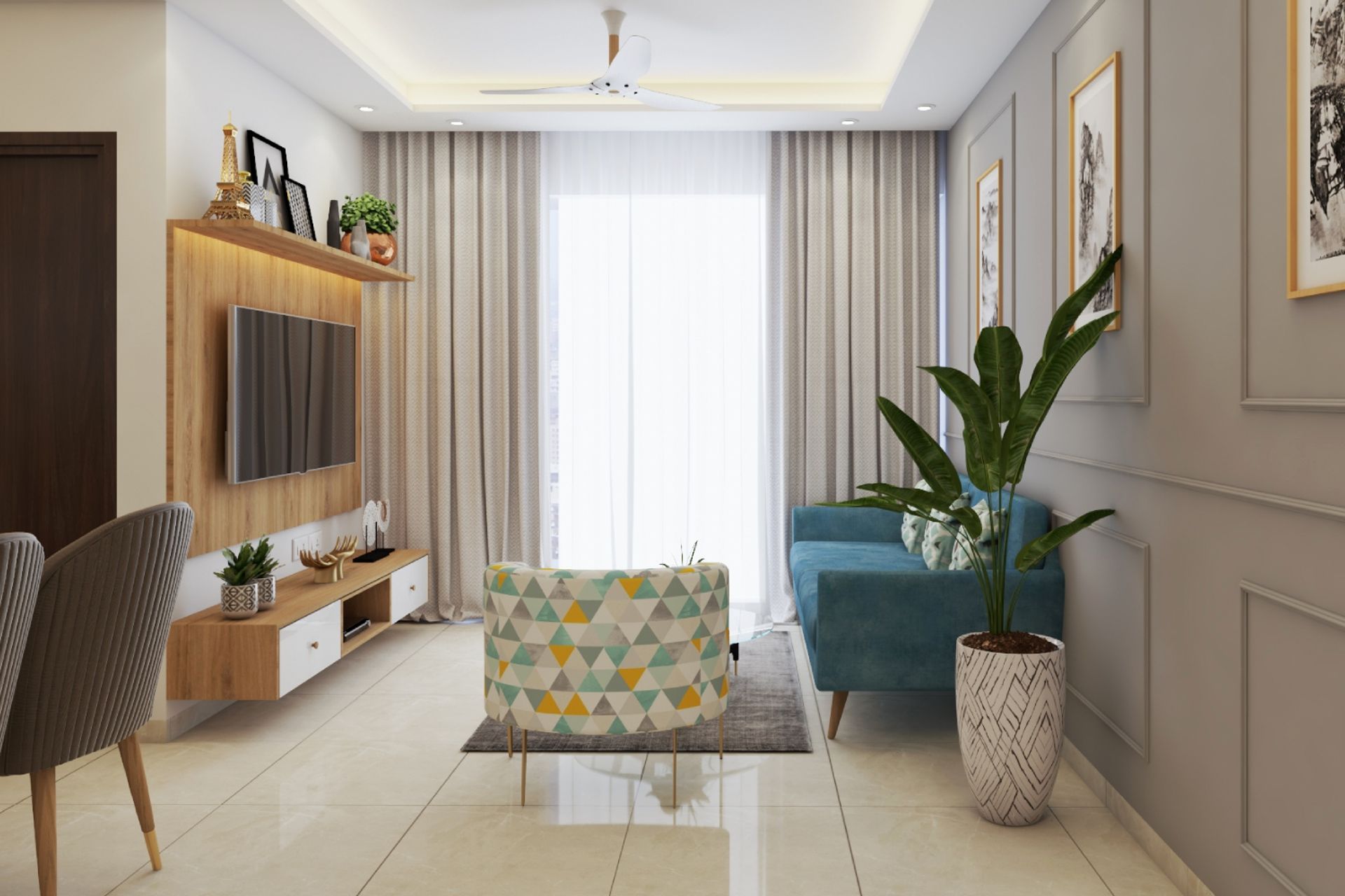 Modern Living Room Design With Blue Sofa And Geometric Accent Chair ...