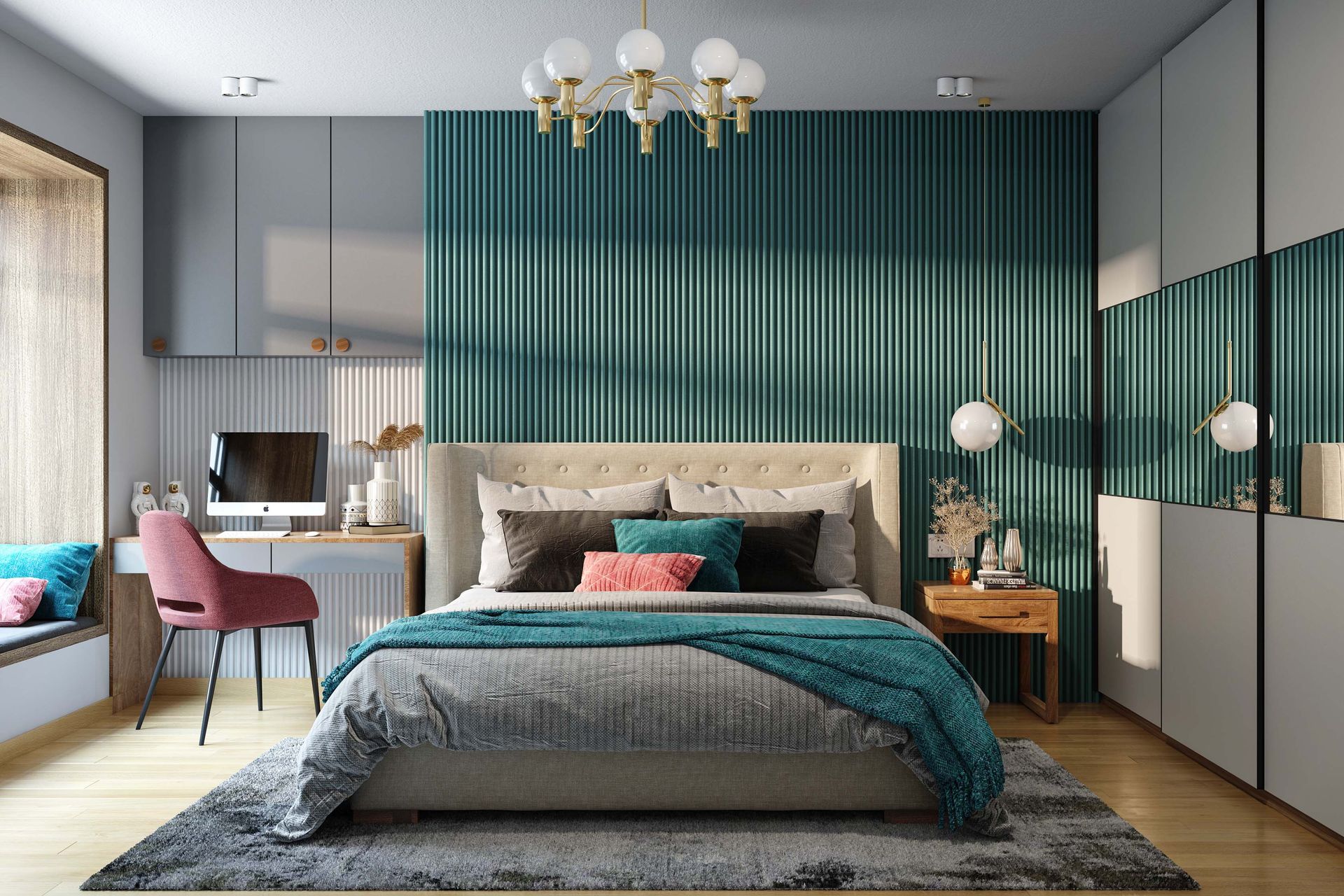 Master Bedroom Design With Teal Fluted Panelled Accent Wall - 15x13 Ft | Livspace