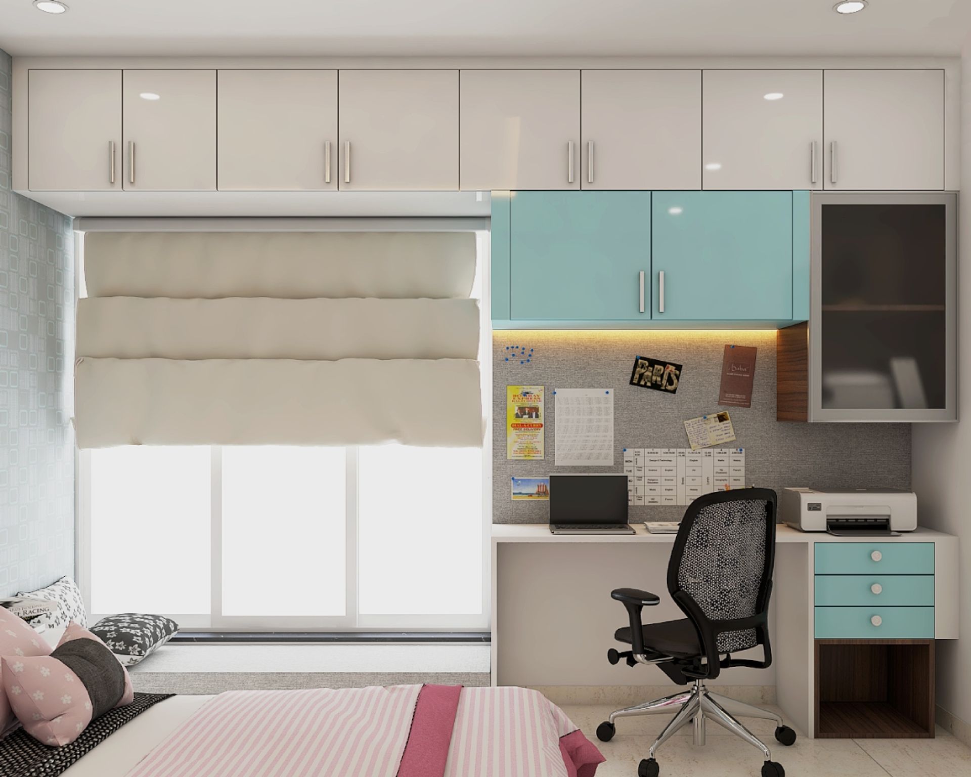 Blue And White Study Room Design With Loft Storage | Livspace