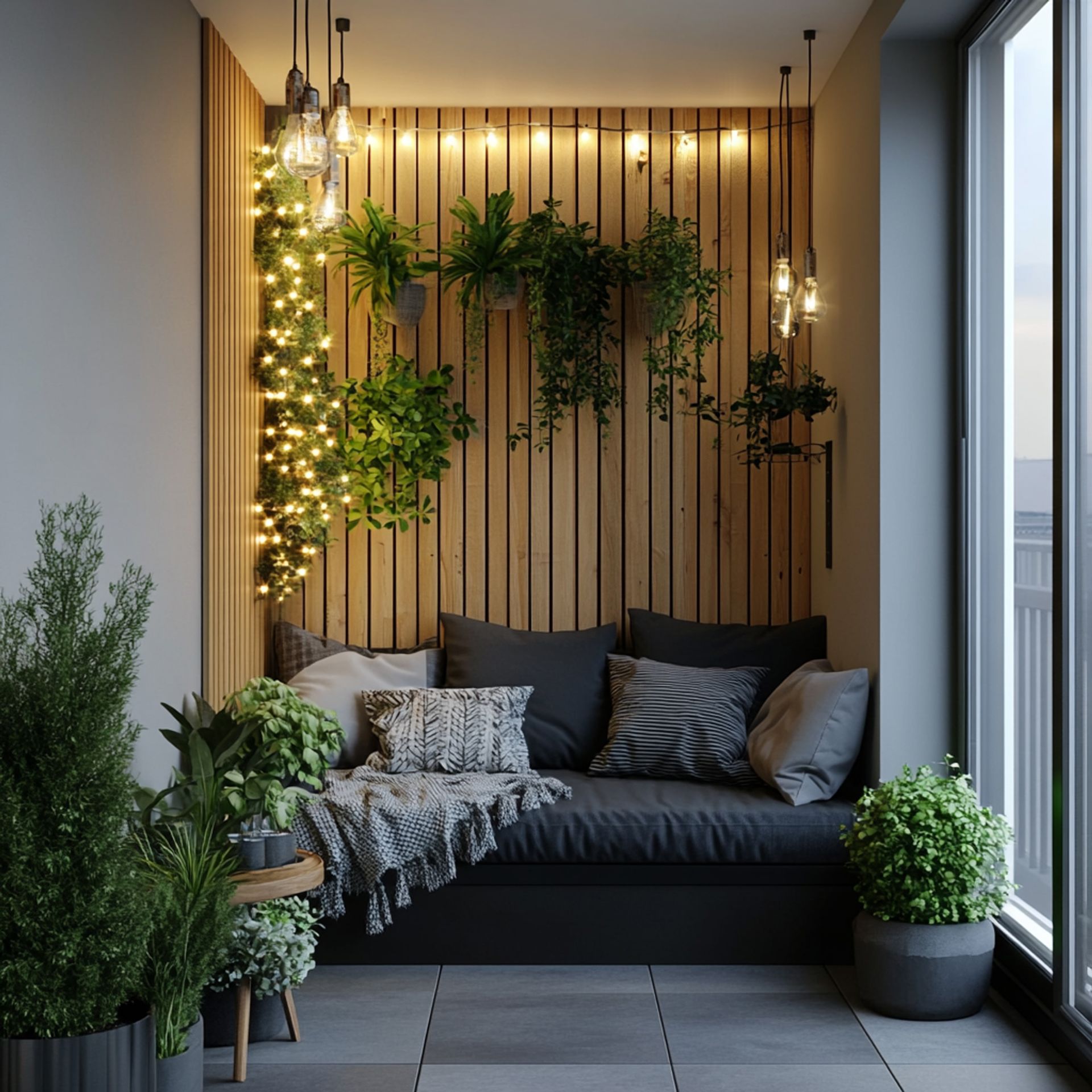 Scandinavian Balcony Design with Grey Sofa, Grey Ceramic Tiles and Planters | Livspace