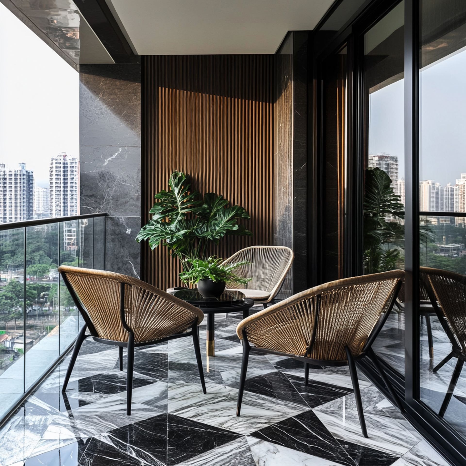 Stylish Modern Balcony Design with Wall Paneling with Marble Tiles ...