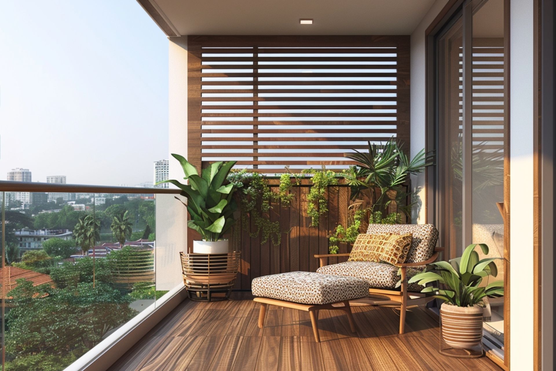 Tropical Balcony Design with Wooden Wall Panel and Wooden Flooring with ...
