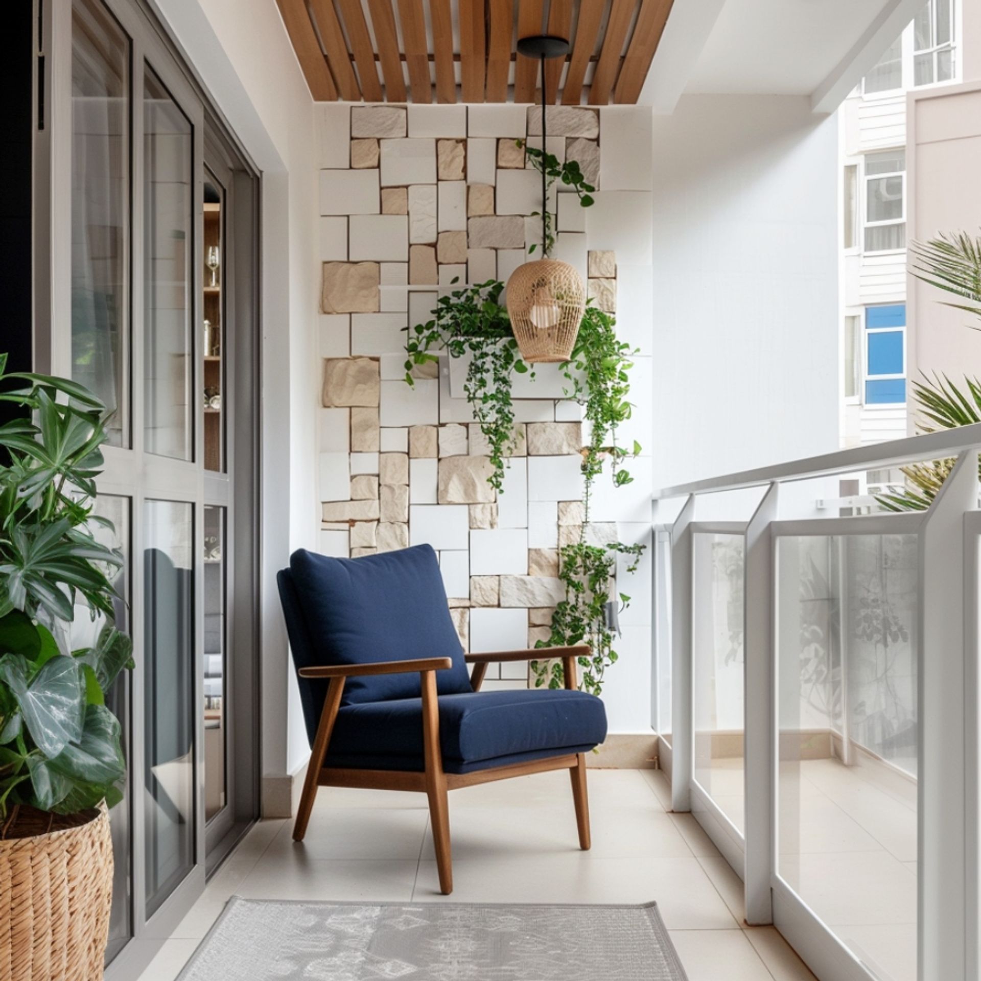 Charming Coastal Balcony Design: Wooden False Ceiling, Accent Chair and ...