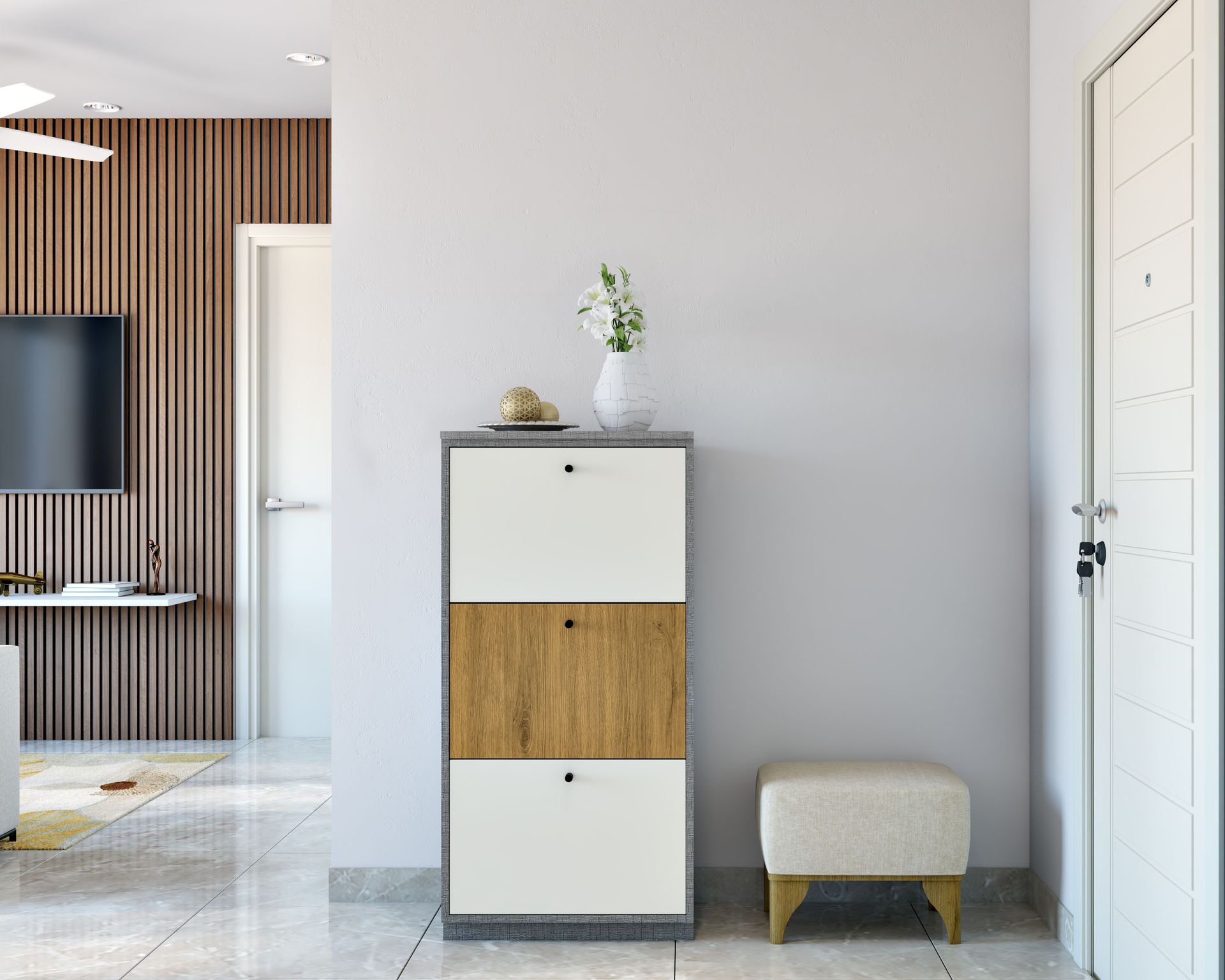Stylish Modern Foyer Design with Floor Mounted Storage and Decorative ...