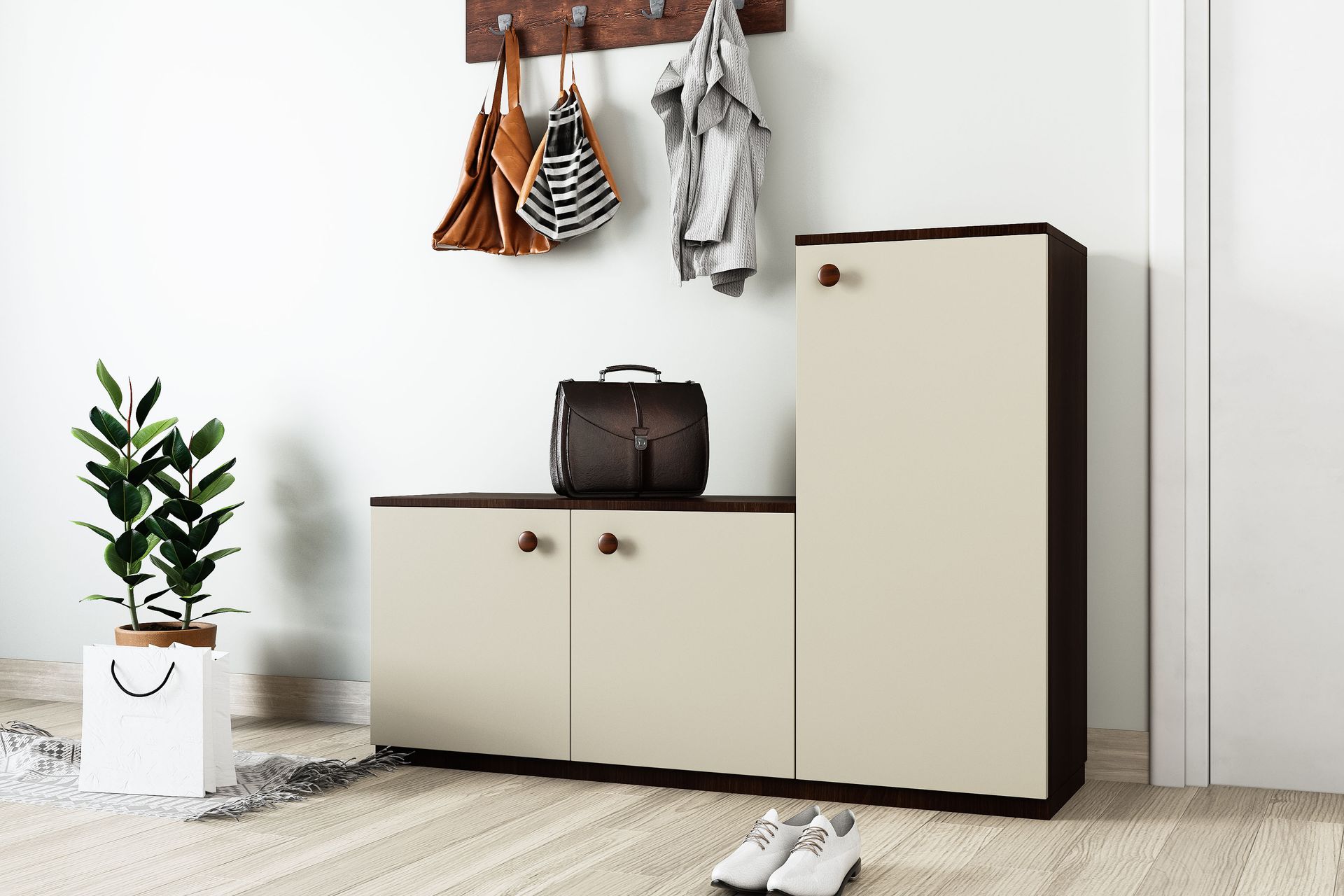 Functional Modern Foyer Design with Floor Mounted Storage and Seating ...