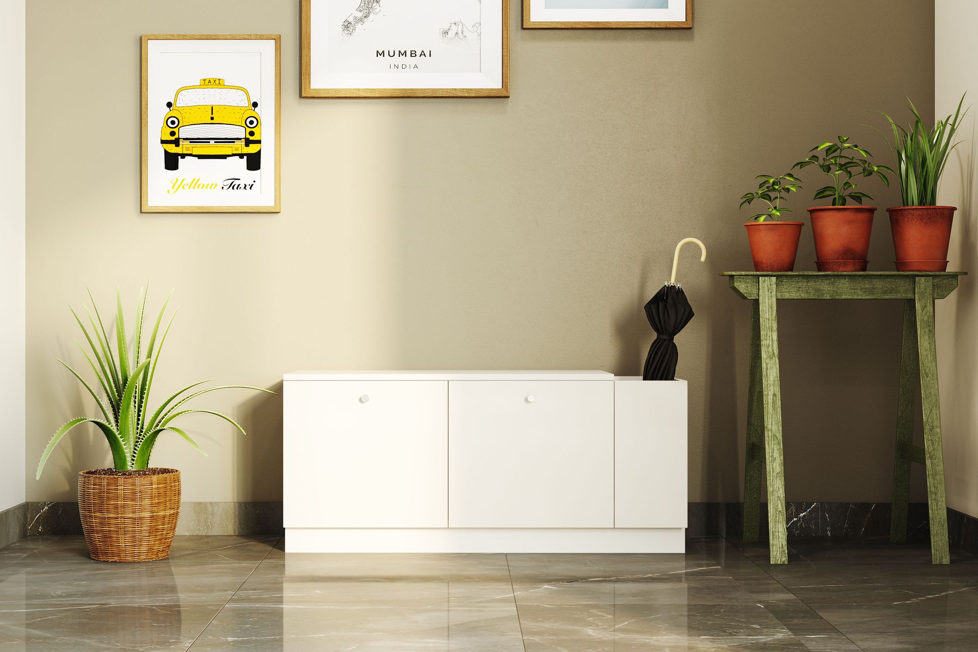 Modern Foyer Design with White Shoe Cabinet and Artwork | Livspace