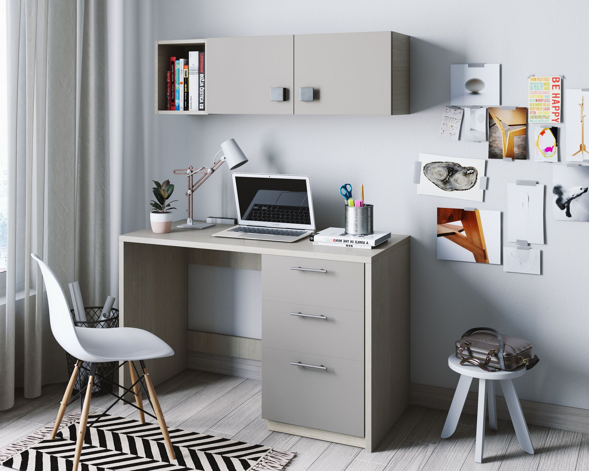"Grey Contemporary Home Office Design with Open and Closed Storage ...