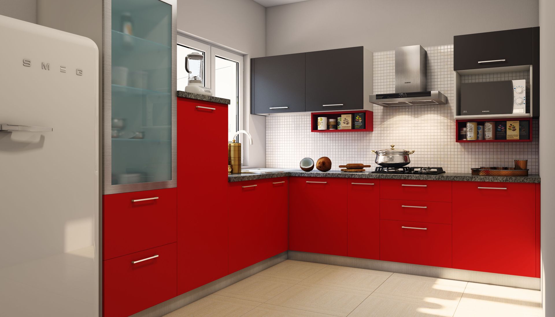 Stylish Contemporary L-Shaped Kitchen Design with White Square Wall ...