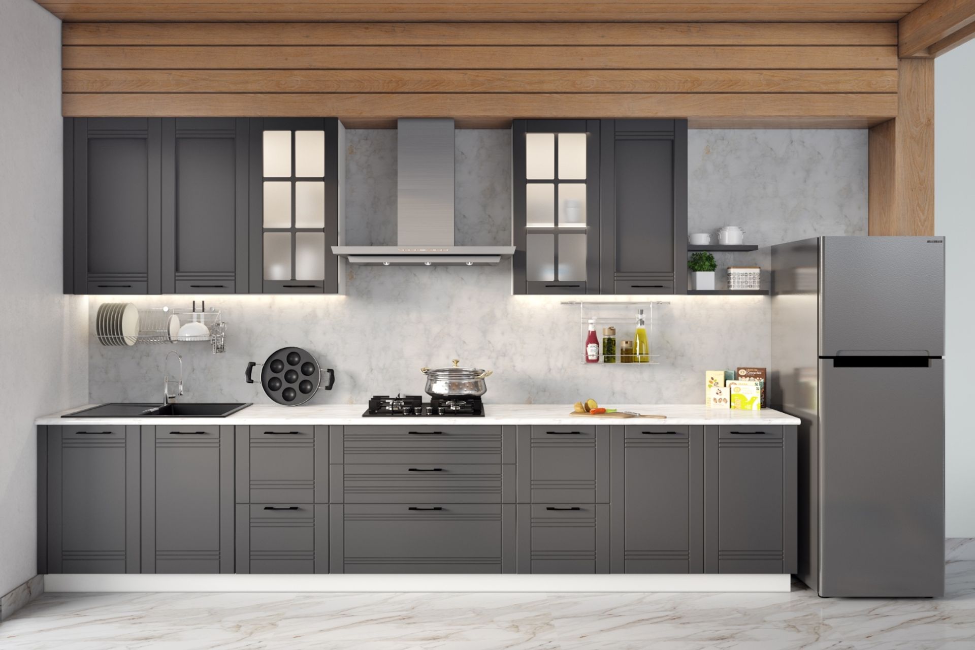 Modern Grey Straight Kitchen Design with Quartz Countertop, Texture ...
