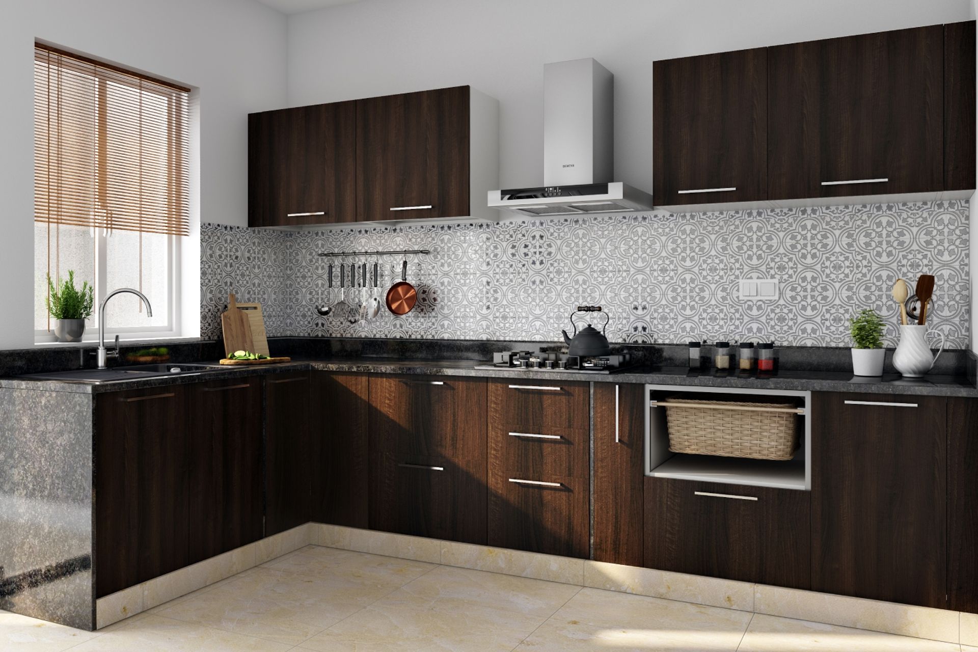 Spacious Contemporary L-Shaped Kitchen Design with Moroccan Tiles and ...