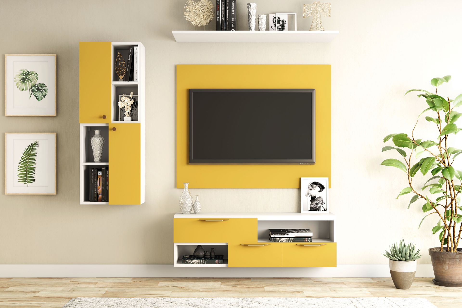 Wall-Mounted Modern TV Unit Design in Yellow and Off-White with Beige ...